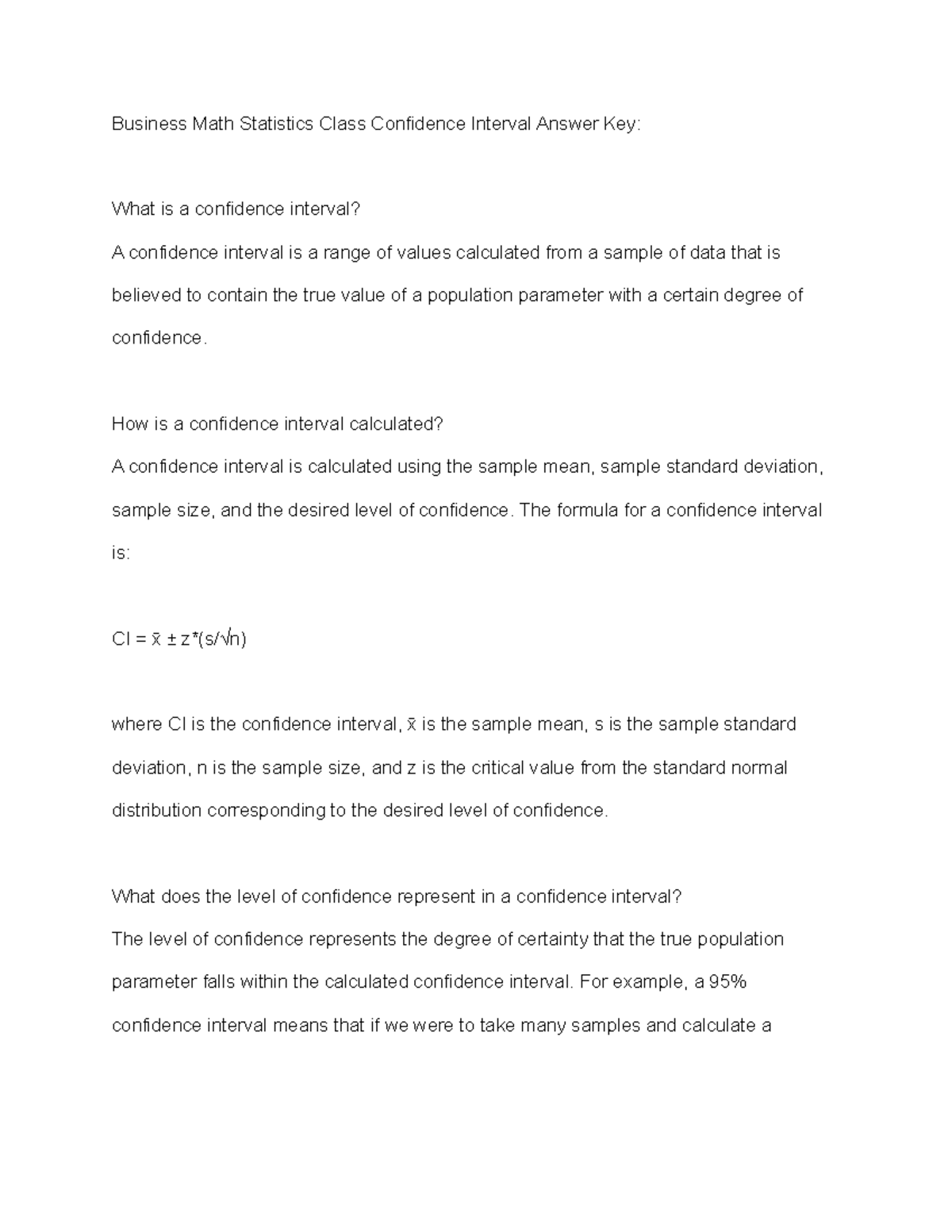 Business Math Statistics Class Confidence Interval Answer Key - How is ...