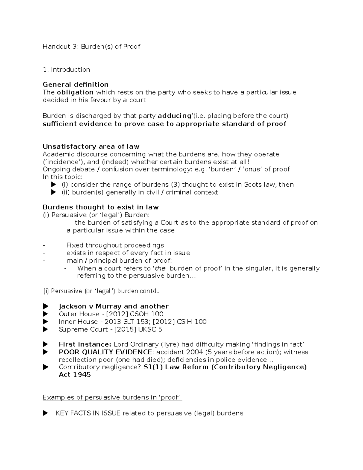 Evidence Handout 3 - Handout 3: Burden(s) of Proof Introduction General ...