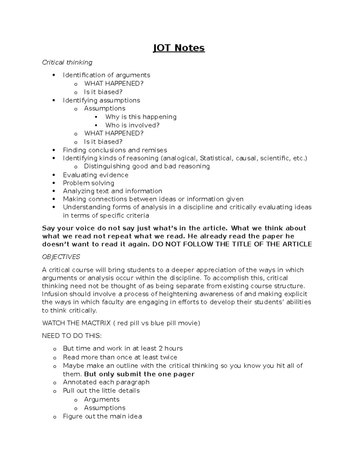Critical thinking JOT - Paper - JOT Notes Critical thinking ...
