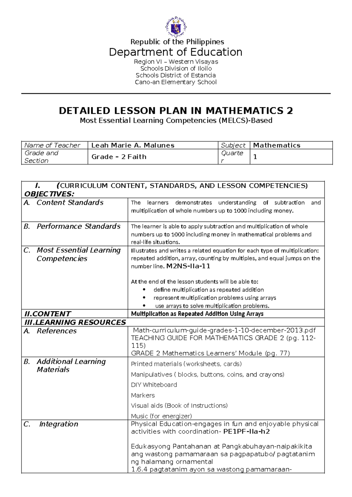 Sample Detailed LP English Format - Republic of the Philippines ...