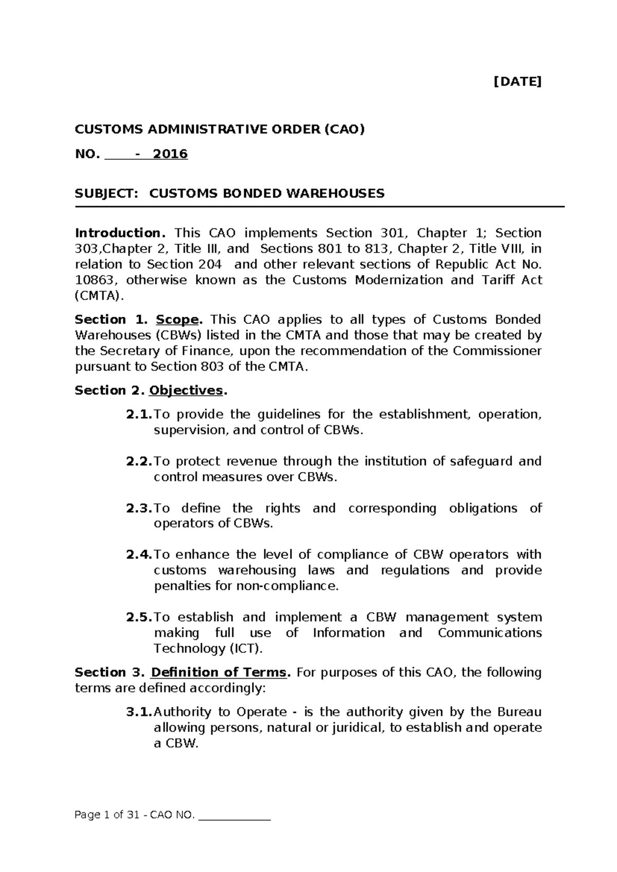 CMTA CAO Draft Final CBW 2016-12 - [DATE] CUSTOMS ADMINISTRATIVE ORDER ...