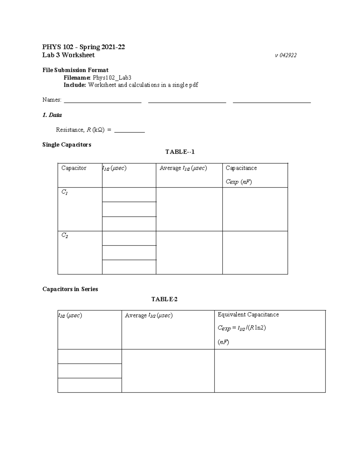 PHYS 102 Lab 3 Worksheet 050322 - PHYS 102 - Spring 2021- Lab 3 Worksheet v 042922 File ...