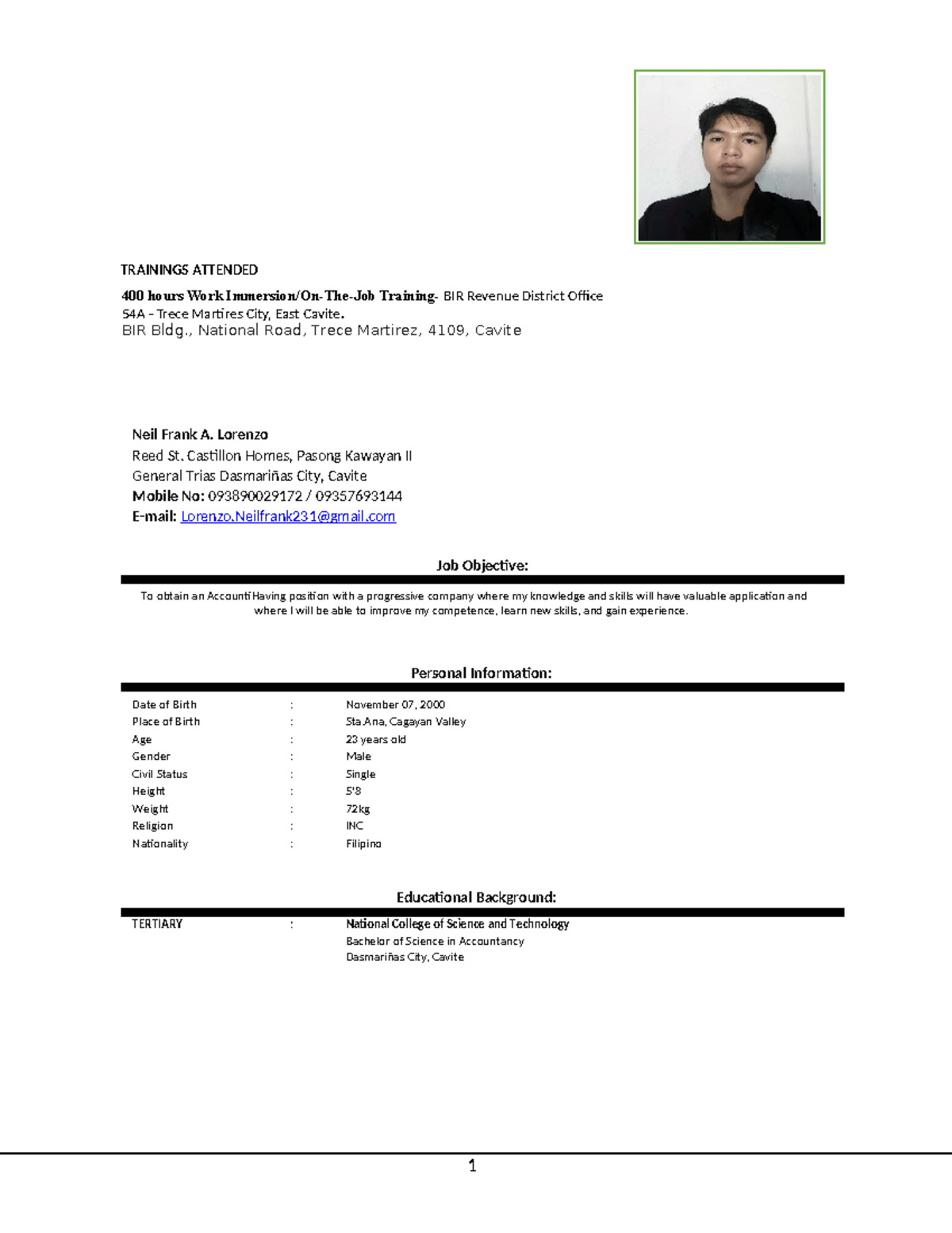 CV - Neil Frank Lorenzo - other information - TRAININGS ATTENDED 400 hours Work Immersion/On-The ...