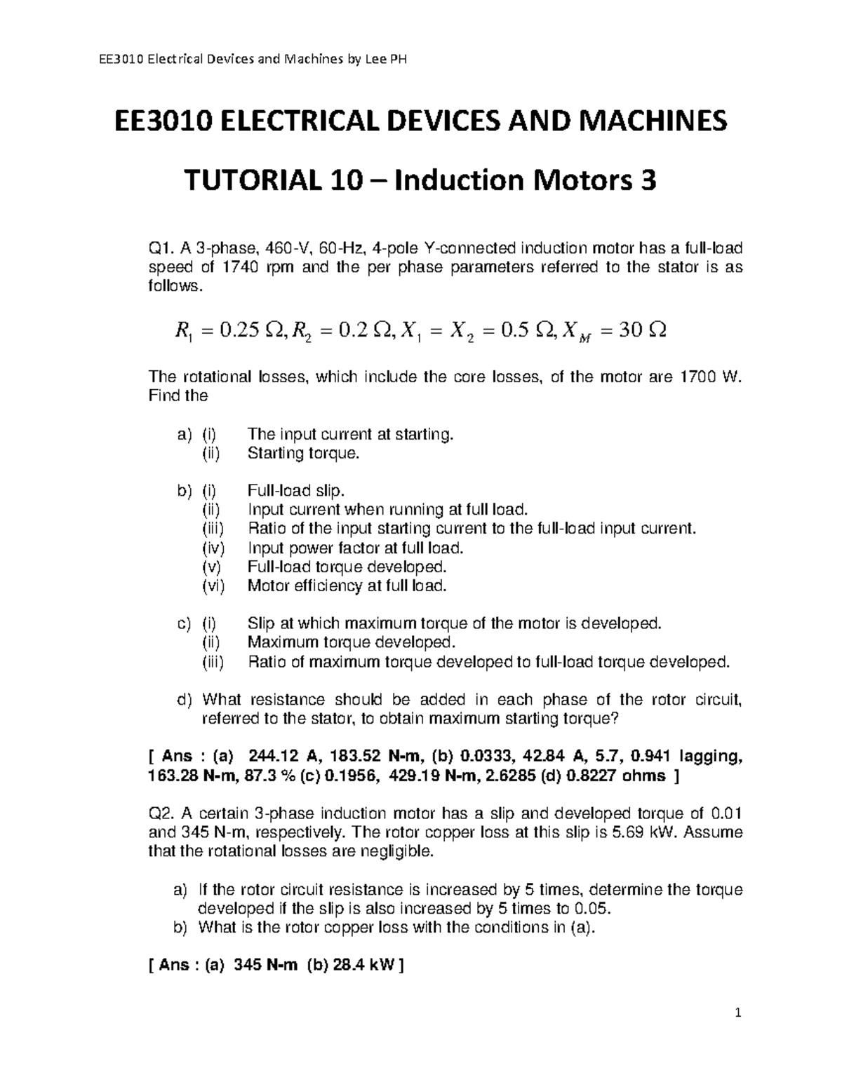 T10 IM3 - Tutorial - EE3010 Electrical Devices and Machines by Lee PH EE3010 ELECTRICAL DEVICES ...