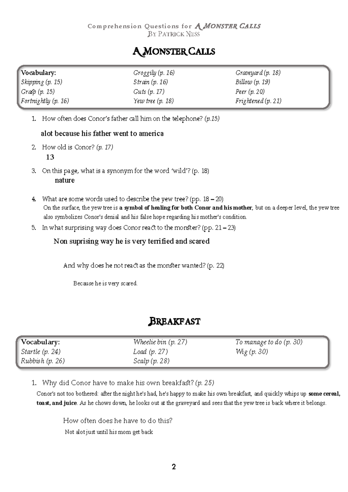 A Monster Calls pages 8-11 comprehension questions (1) - By Patrick ...