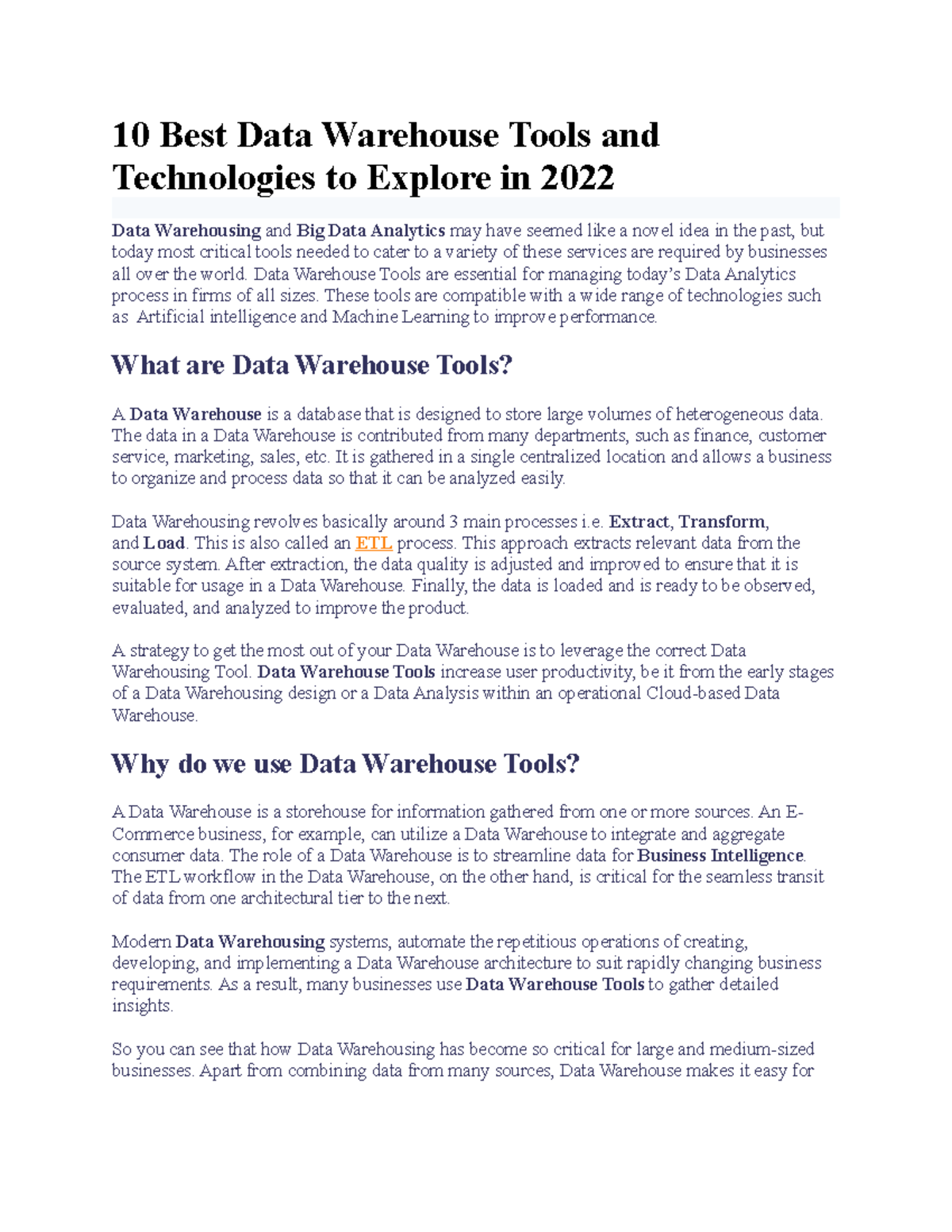 10 Best Data Warehouse Tools and Technologies to Explore in 2022 - Data ...