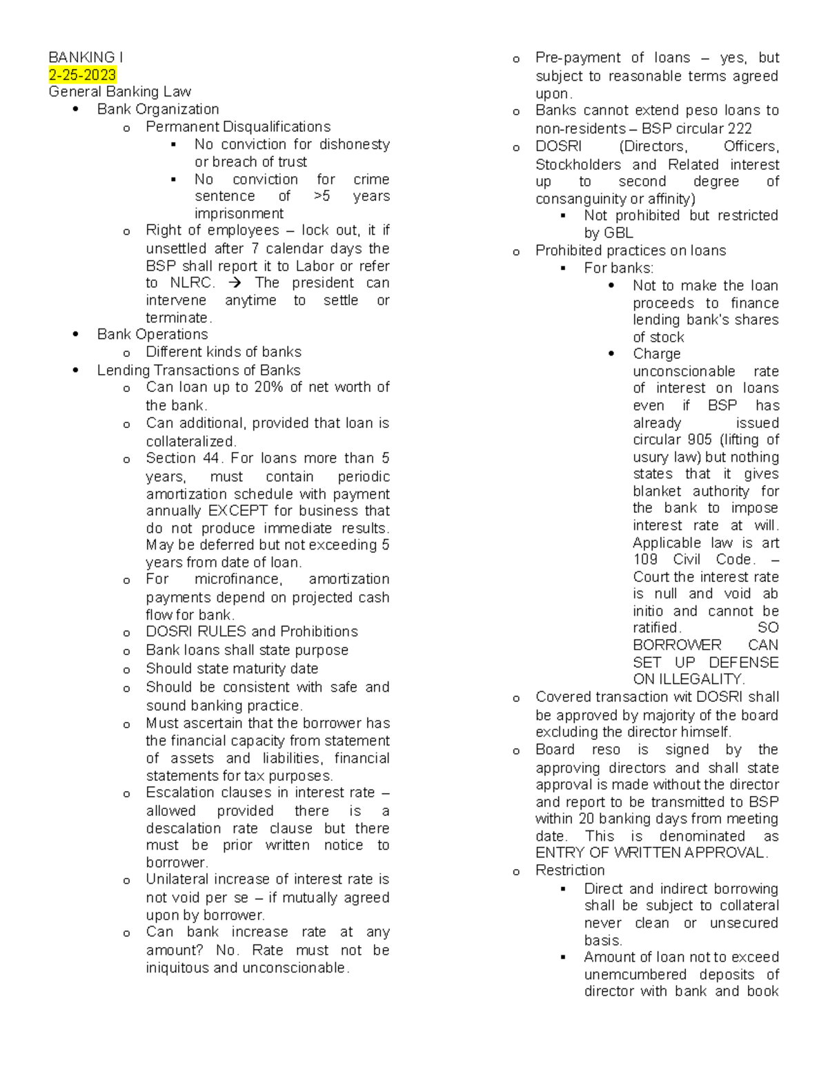 Notes Banking I - BANKING I 2-25- General Banking Law Bank Organization ...