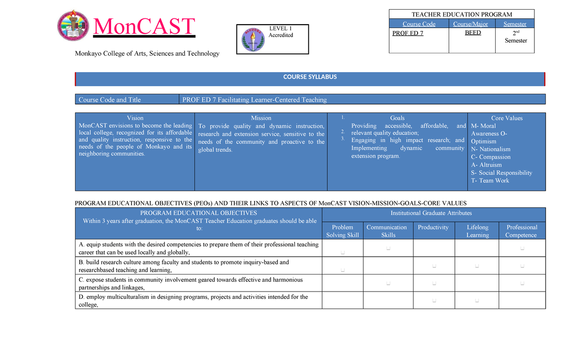 Prof-Ed-7 Facilitating-Learner-Centered-Teaching-BSED - COURSE SYLLABUS ...