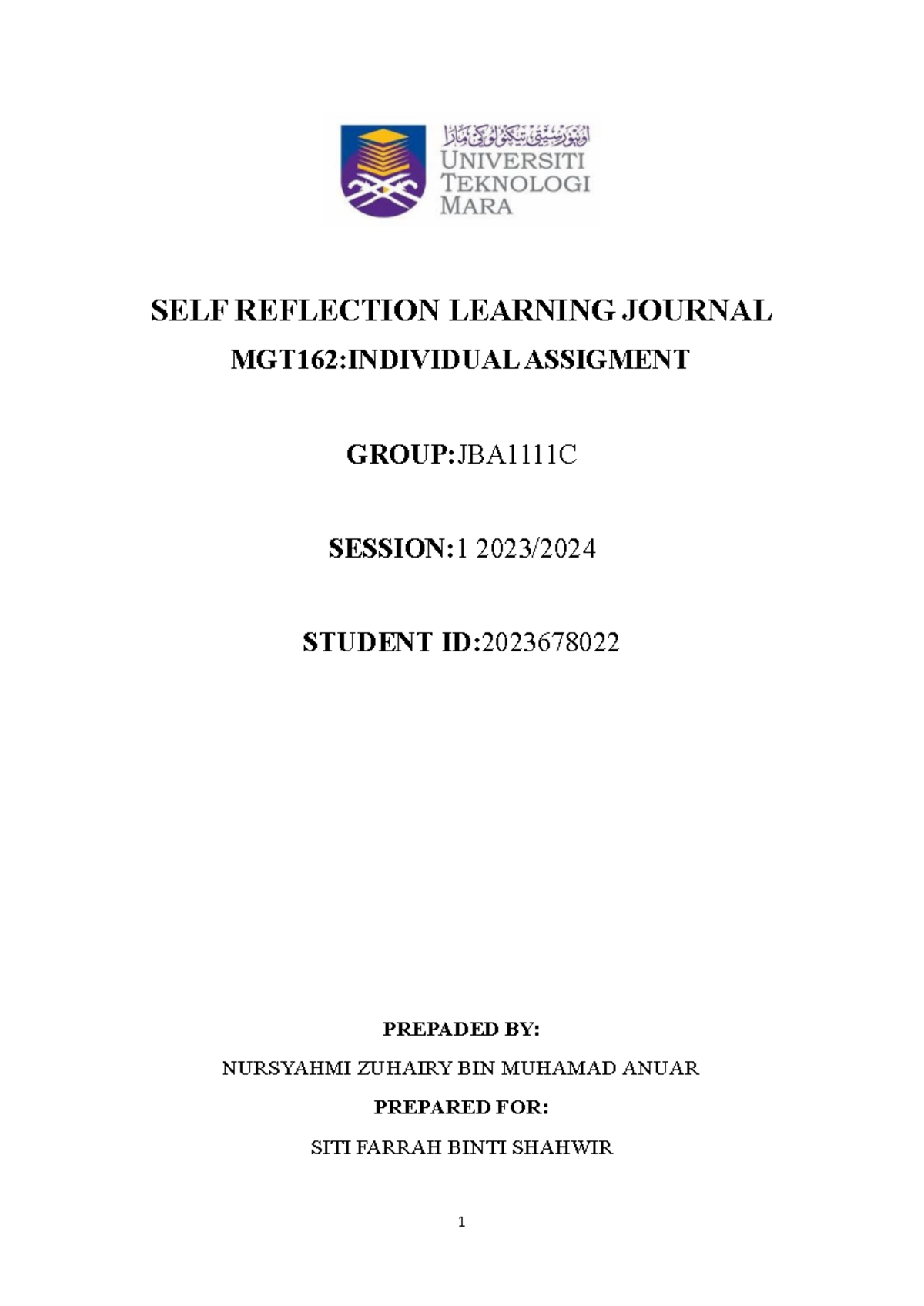 MGT162 - assignment - SELF REFLECTION LEARNING JOURNAL MGT162 ...