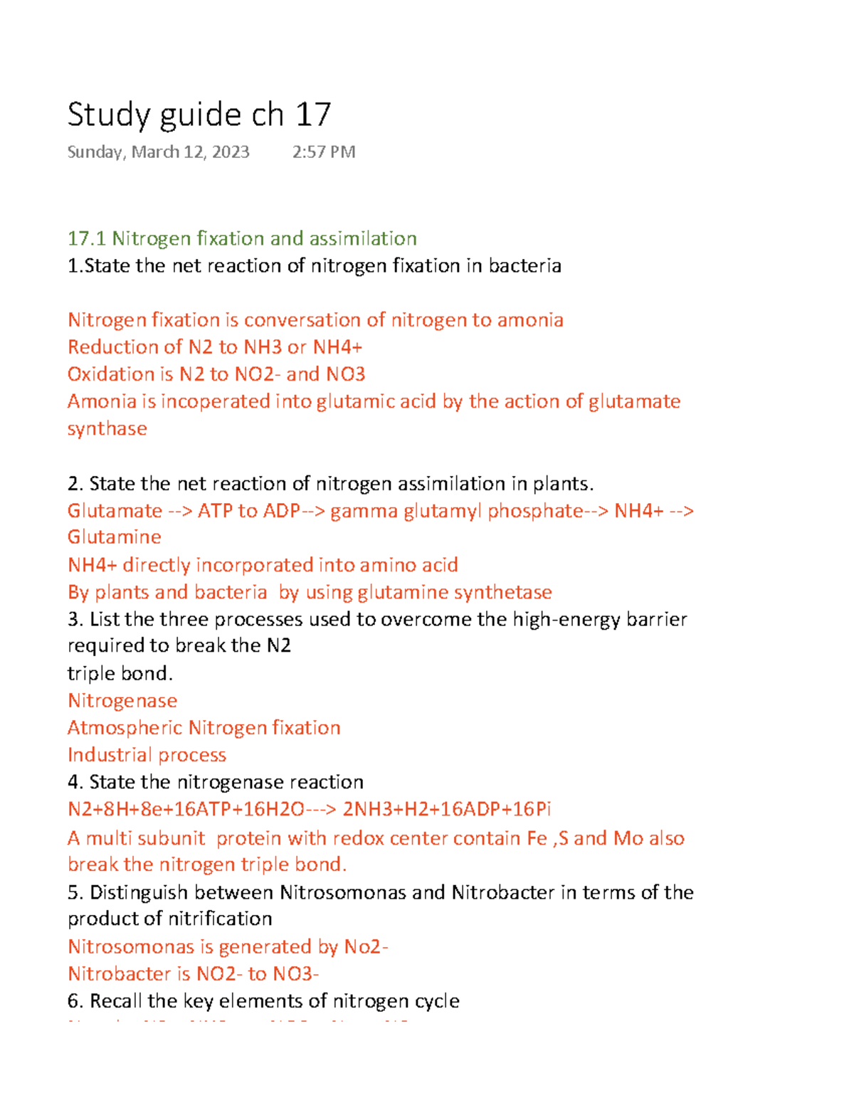 Study guide ch 17 - 17 Nitrogen fixation and assimilation 1 the net reaction of nitrogen ...