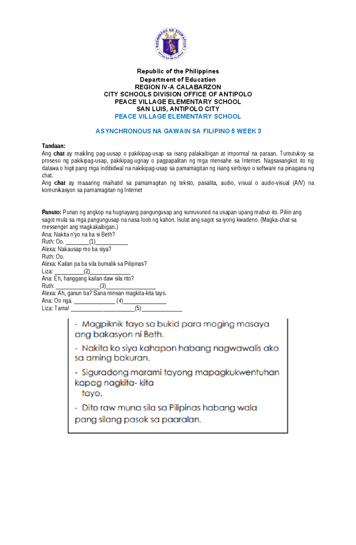 Asynchronous NA Gawain SA Filipino 5 W3 - Republic of the Philippines ...