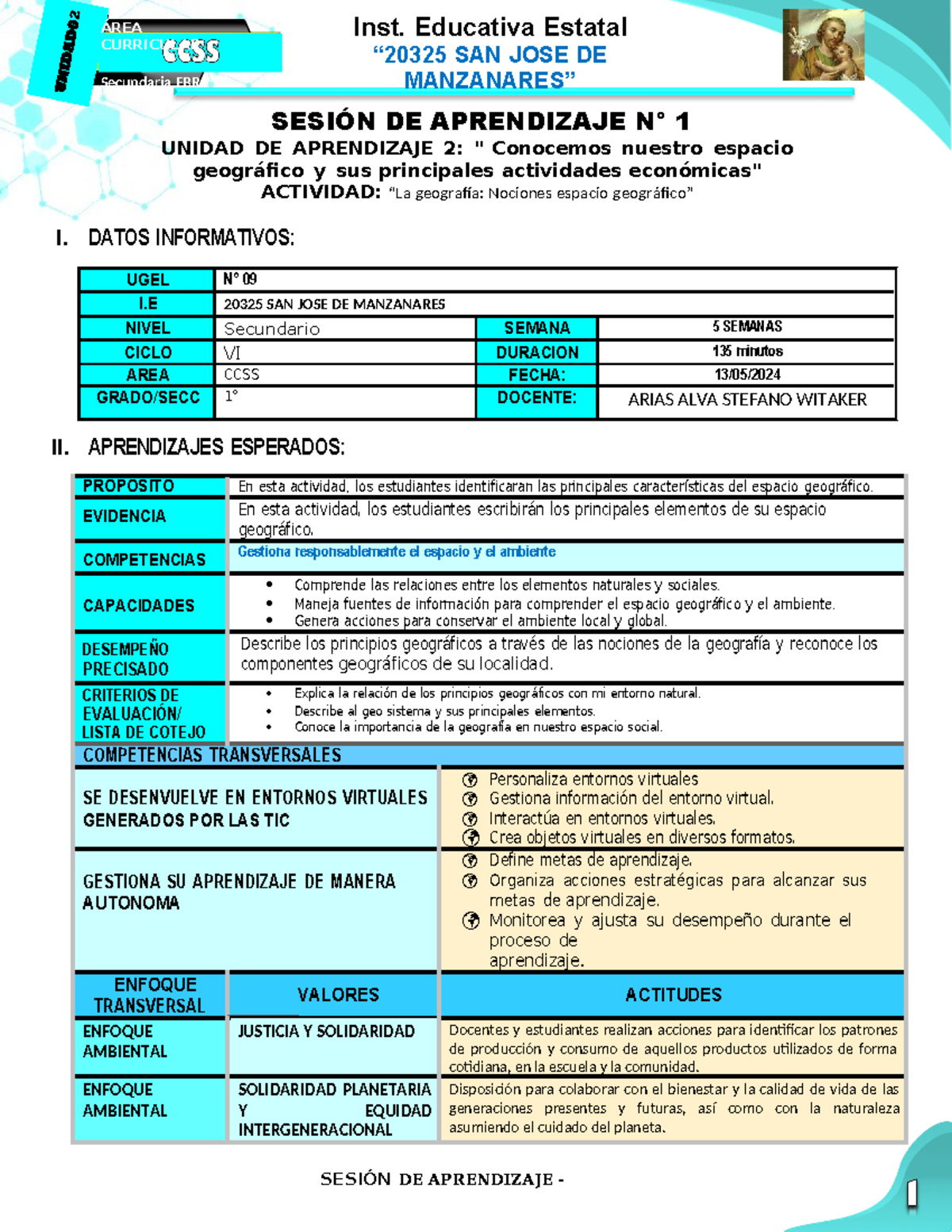 Sesion CCSS 1° SEC- Semana 01 UNI 2 Actualizado - SESIÓN DE APRENDIZAJE - ÁREA CURRICULAR ...