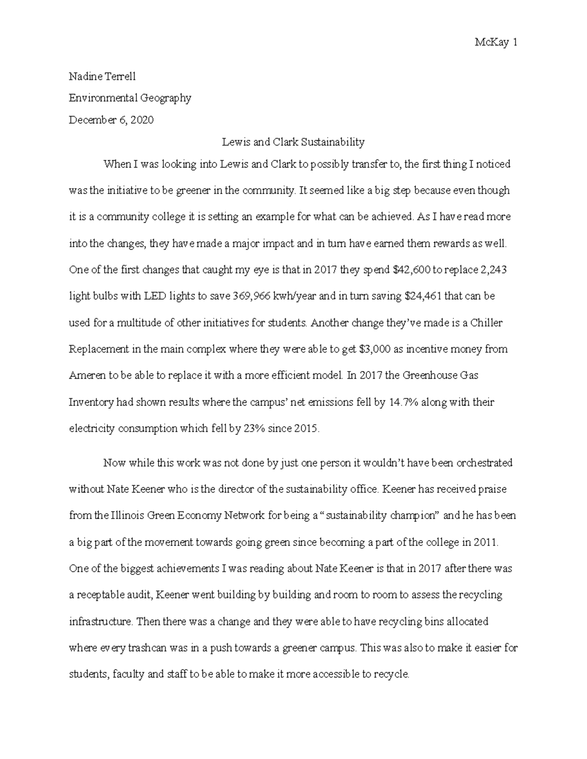 Sustainability Paper - McKay 1 Nadine Terrell Environmental Geography ...