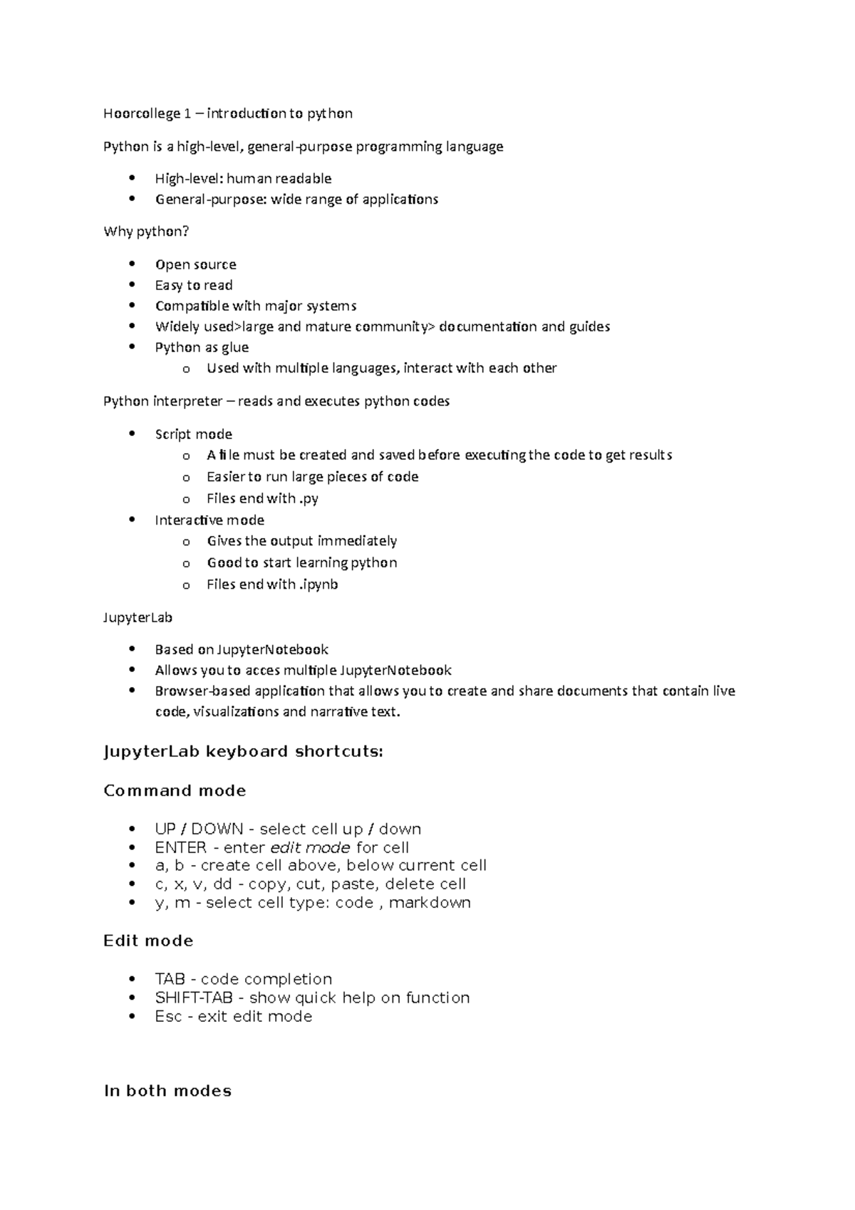 Hoorcollege 1 notes - Hoorcollege 1 – introduction to python Python is ...