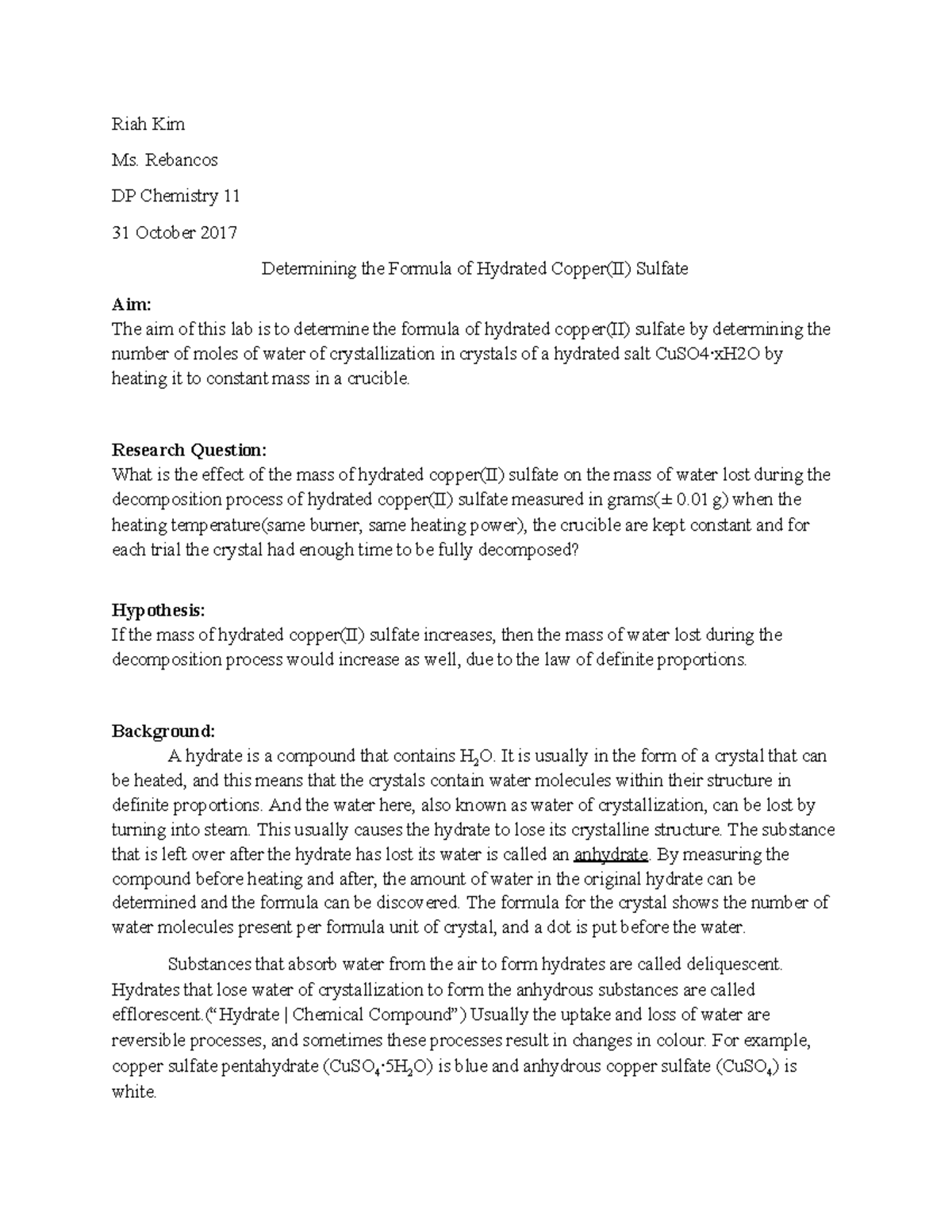 368181770 riah kim determine the formula of hydrated copper ii sulfate ...