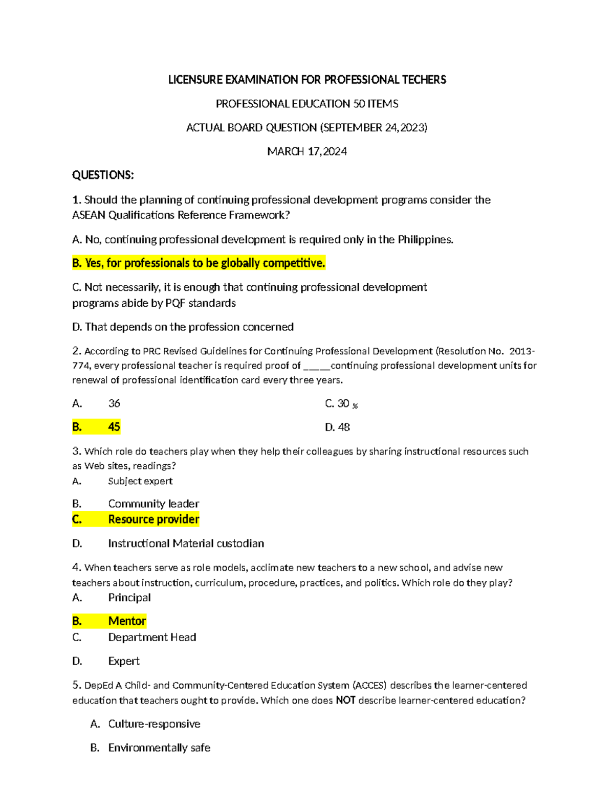 Licensure Examination FOR Professional Techers - LICENSURE EXAMINATION ...