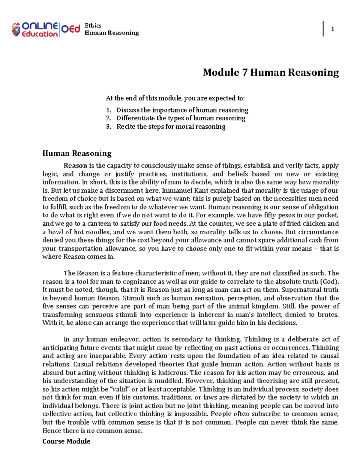 Module 7 Human Reasoning - Ethics Human Reasoning 1 Course Module ...