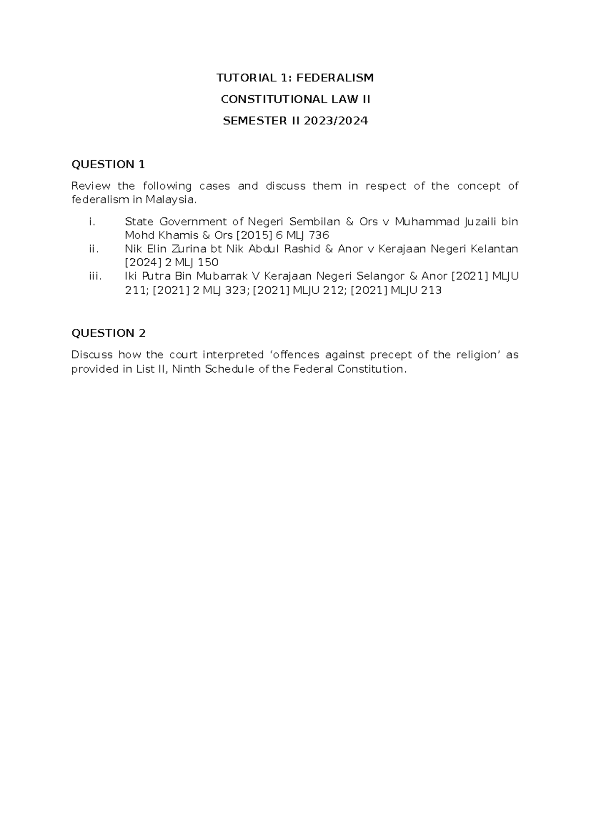 Tutorial 1- Federalism NEW - TUTORIAL 1: FEDERALISM CONSTITUTIONAL LAW ...