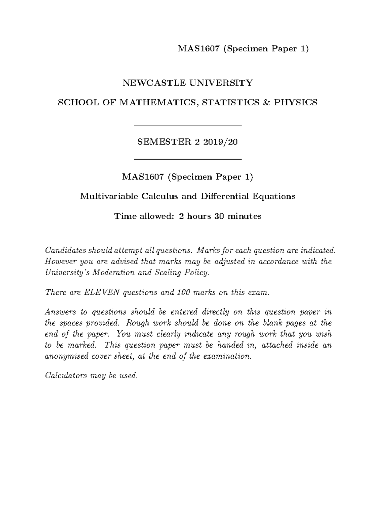 Specimen Paper questions 19/20 - MAS1607 (Specimen Paper 1) NEWCASTLE ...