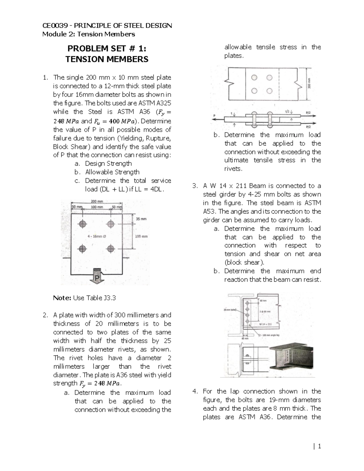 Problem Set 1 Tension Members - CE0039 - PRINCIPLE OF STEEL DESIGN ...