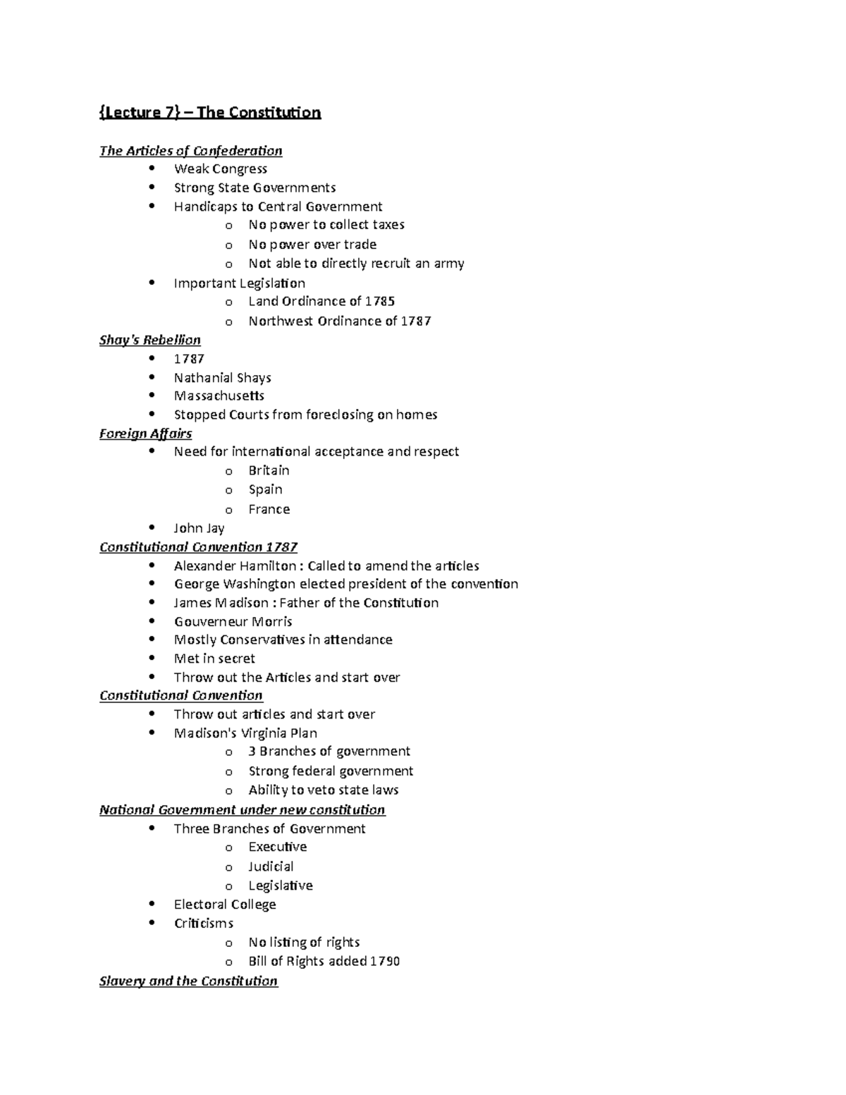 Lecture 7 Notes HIST 2300 - {Lecture 7} – The Constitution The Articles ...