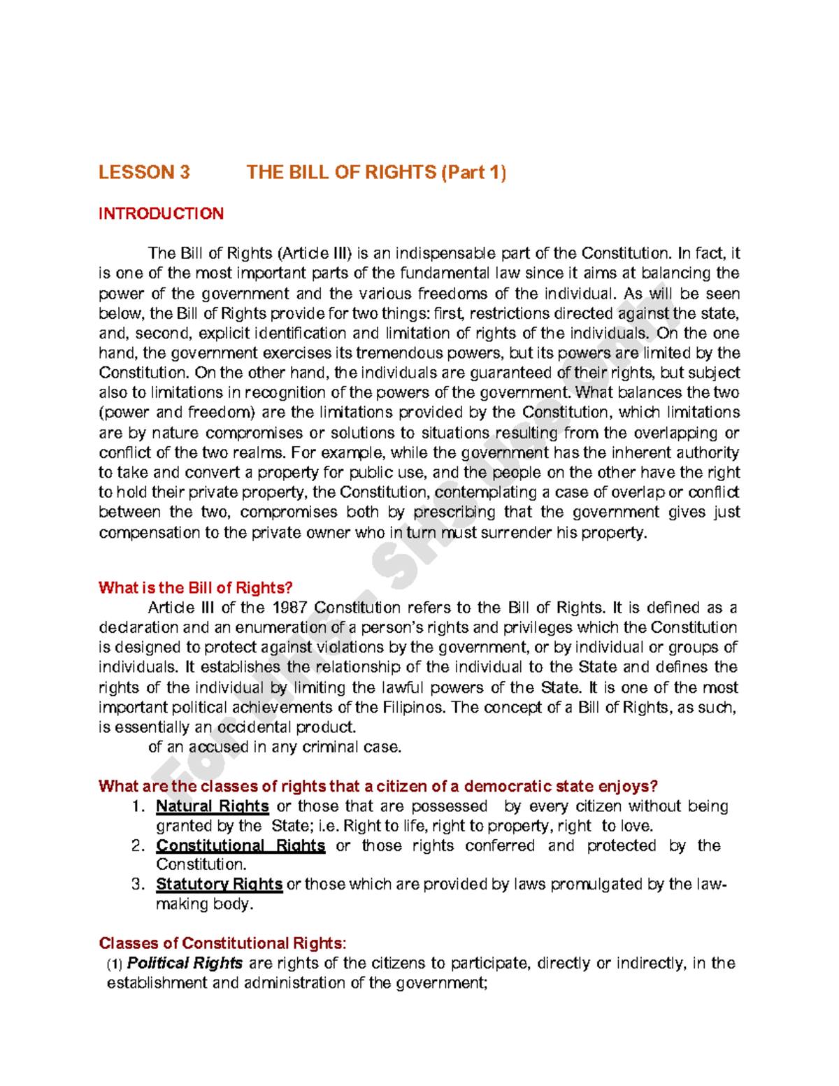 Lesson 3 - Bill of Rights Part 1 - Lecture Notes Prepared by: ROMMEL U ...