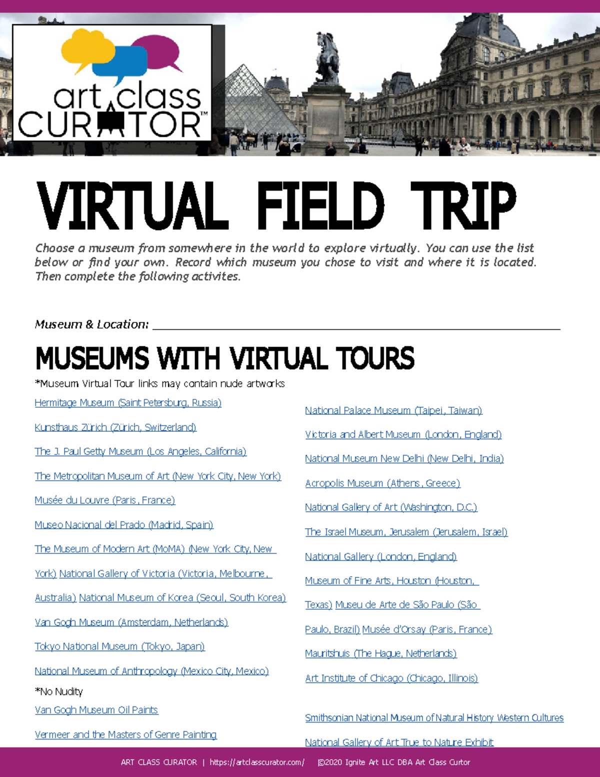 Virtual Museum Visit Guide- Art Class Curator - VIRTUAL FIELD TRIP ...