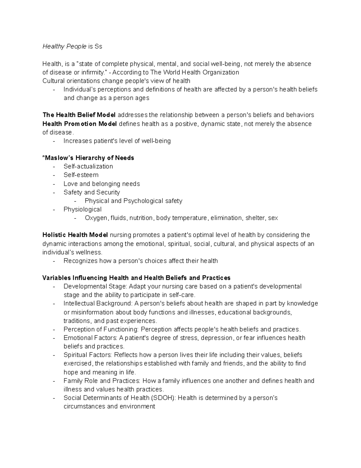 Unit 2 Notes - Healthy People is Ss Health, is a “state of complete ...