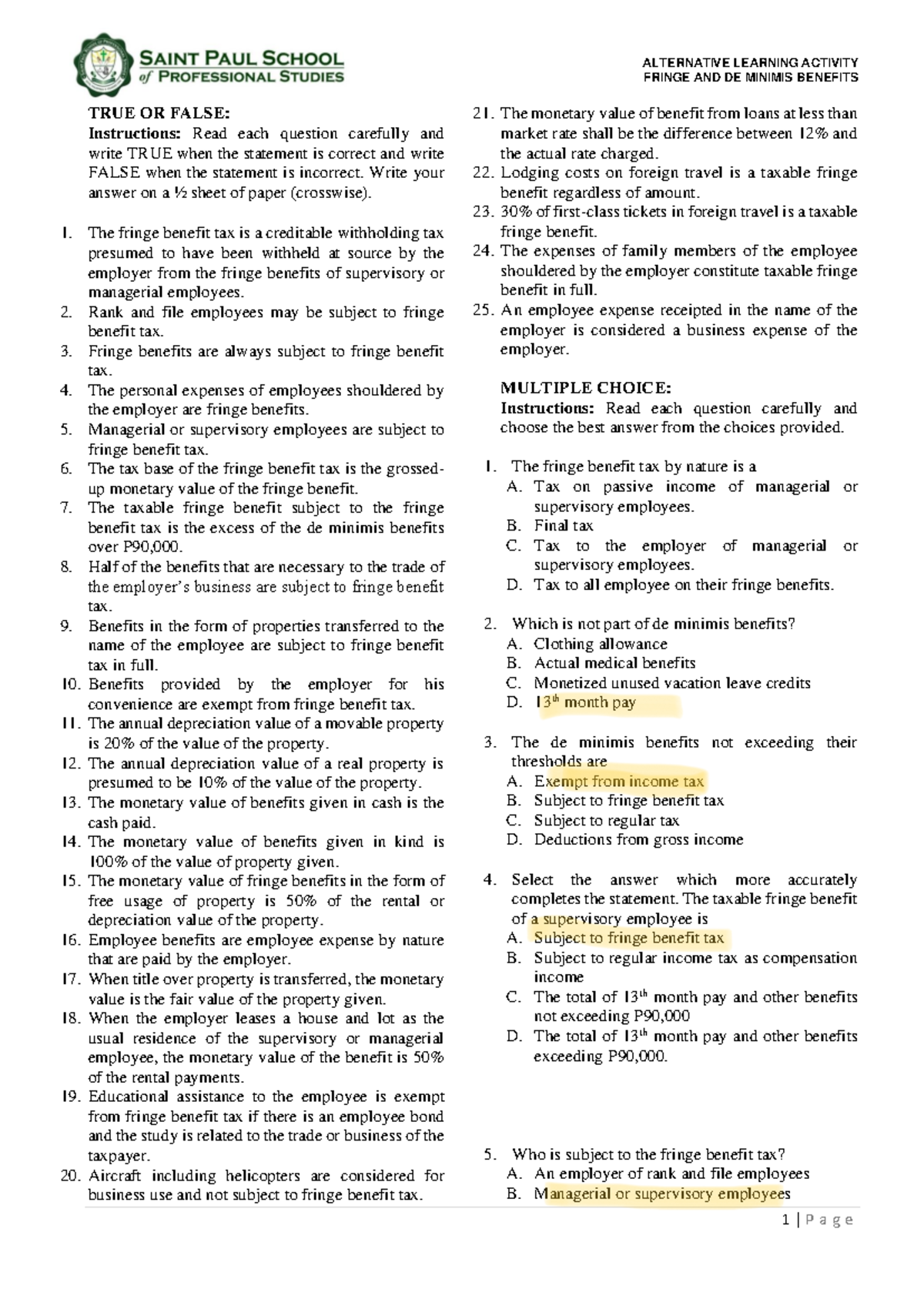 Alternative Learning Activity - Fringe and De Minimis Benefits ...