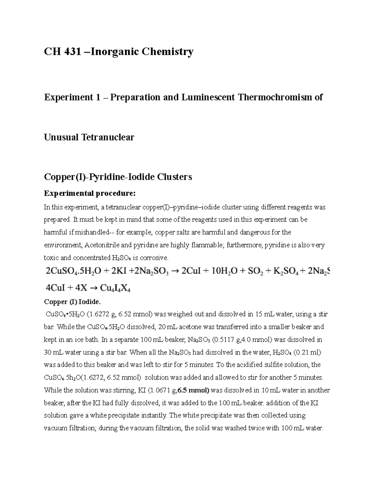 Lab report 1 Physical Chemistry III - CH 431 –Inorganic Chemistry ...