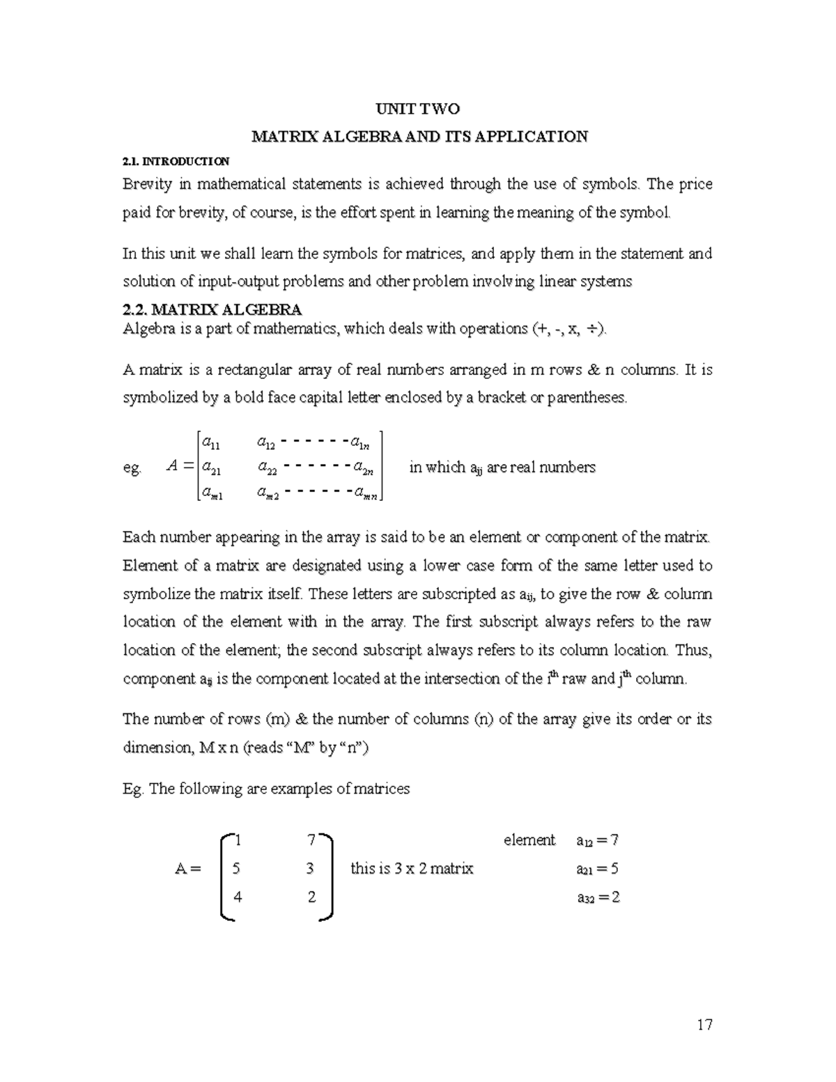Business Mathematics CH-2 - MATRIX ALGEBRA AND ITS APPLICATIONMATRIX ...