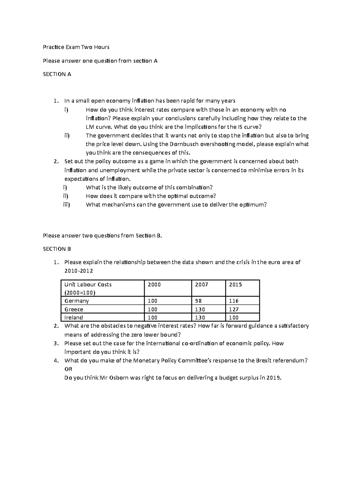 Sample/practice exam - Practice Exam Two Hours Please answer one ...