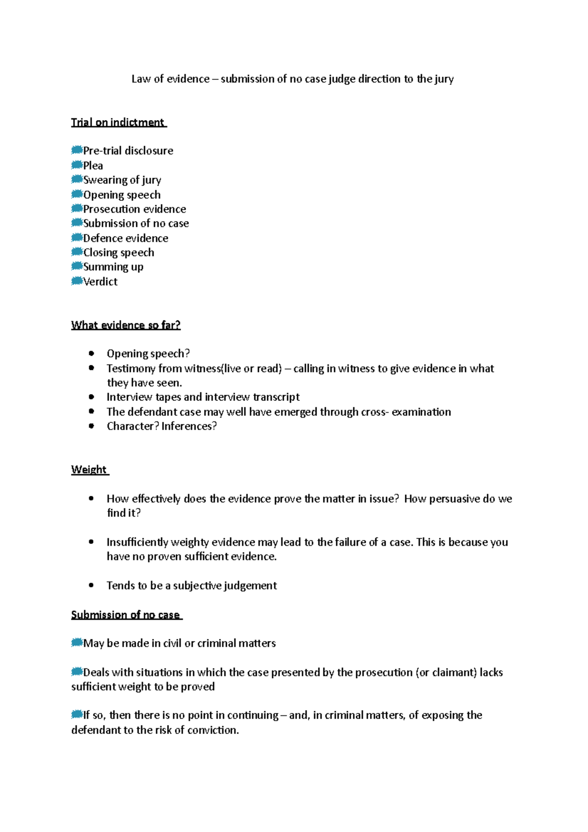 Evidence week 7 submission of no case - Law of evidence submission of ...