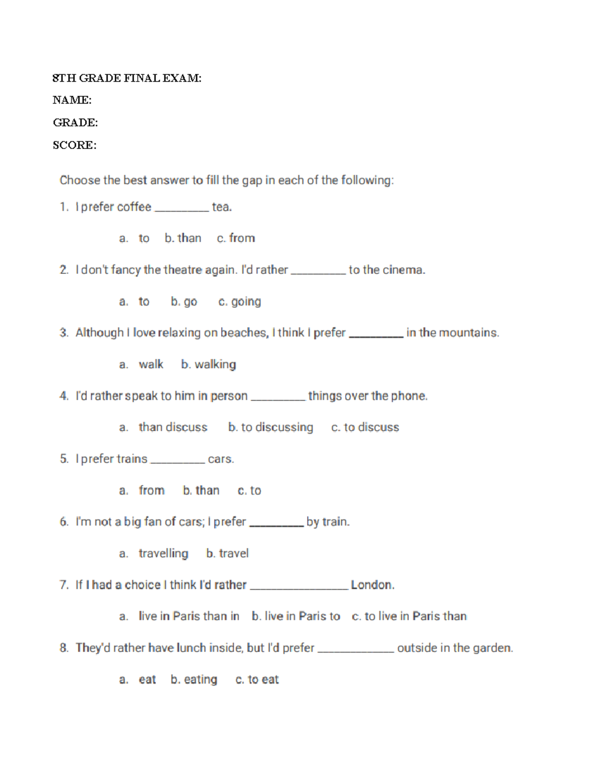 8TH Grade Final EXAM - iiiii - Lenguaje - 8TH GRADE FINAL EXAM: NAME ...