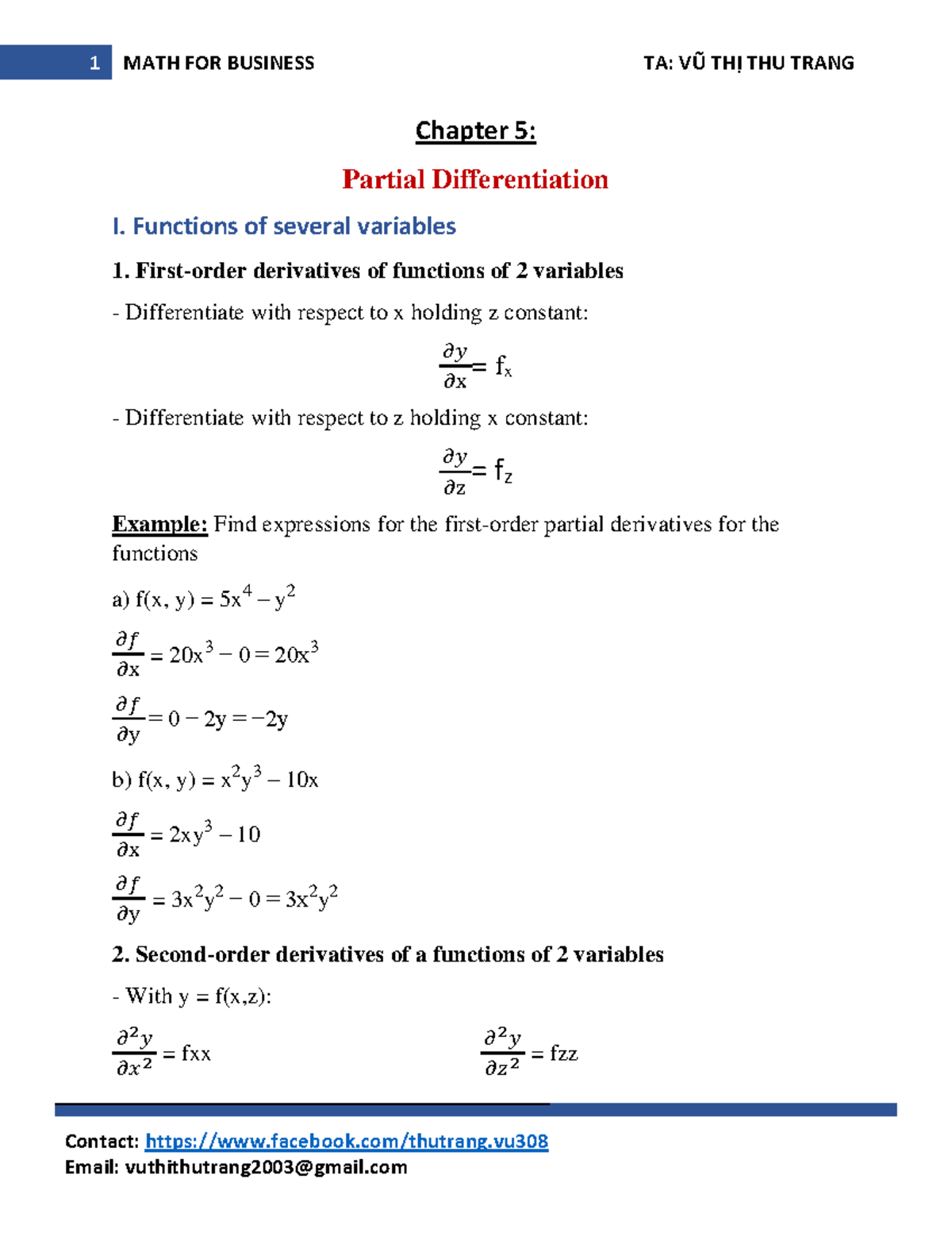 Final Revision - Contact: facebook/thutrang.vu Chapter 5 : Partial Differentiation I. Functions ...