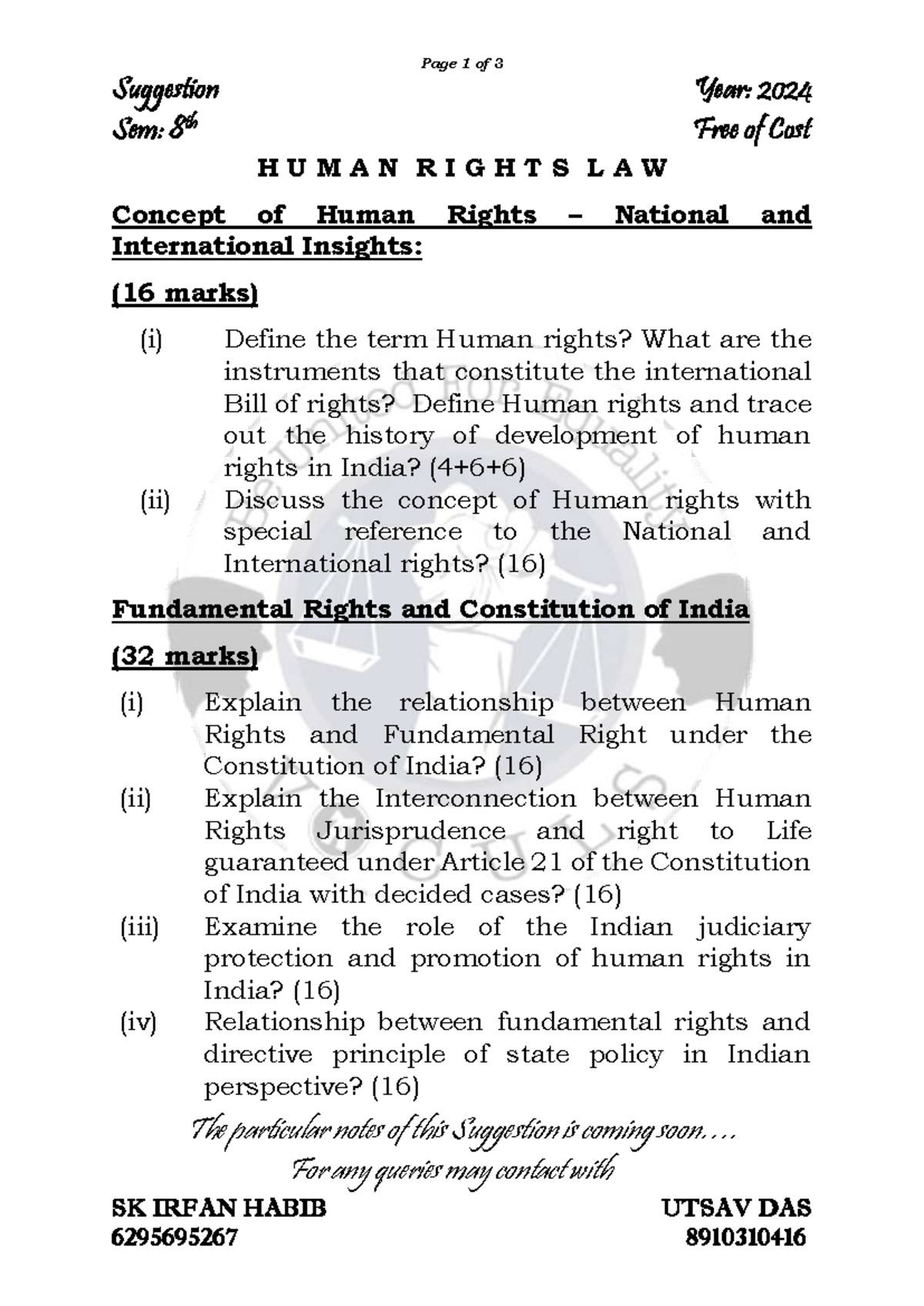 Suggestion 2024, Human Rights Law - Page 1 of 3 Suggestion Year: 2024 ...