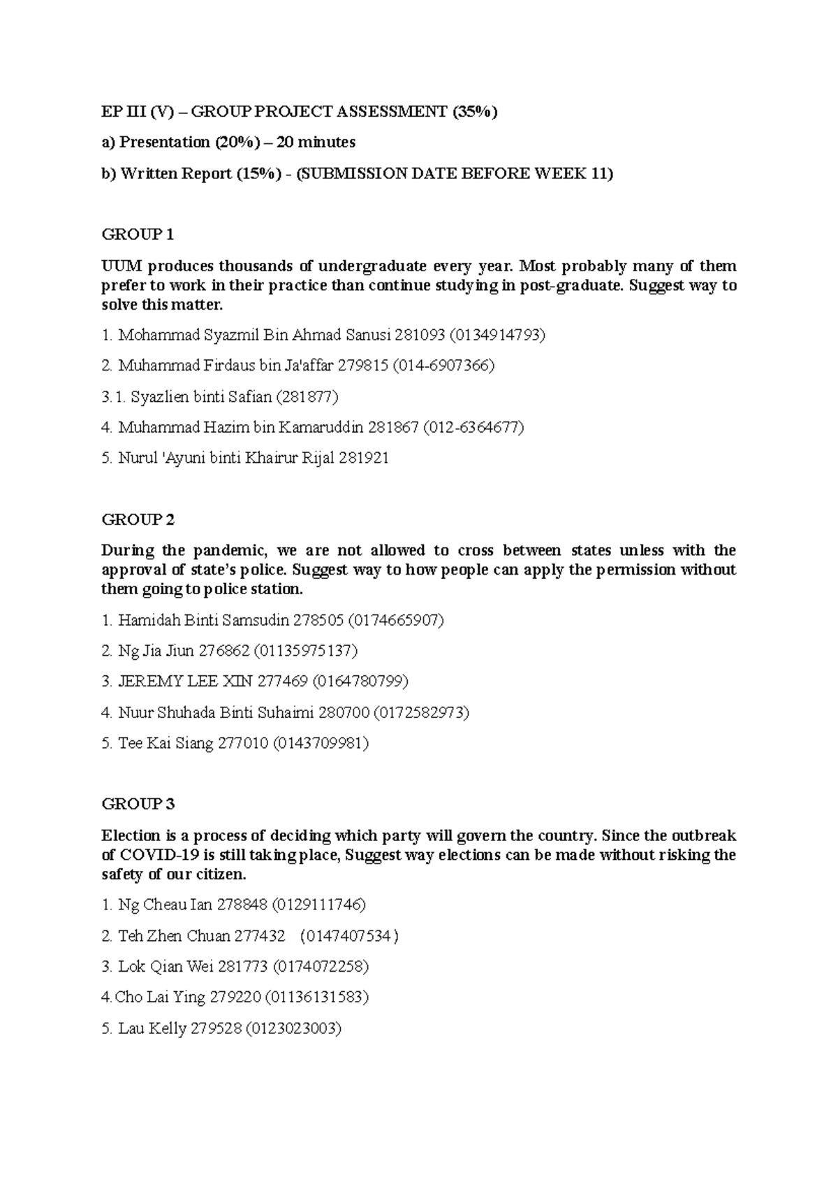 EP III (V) - Group Project Problem AND Group Members - EP III (V ...