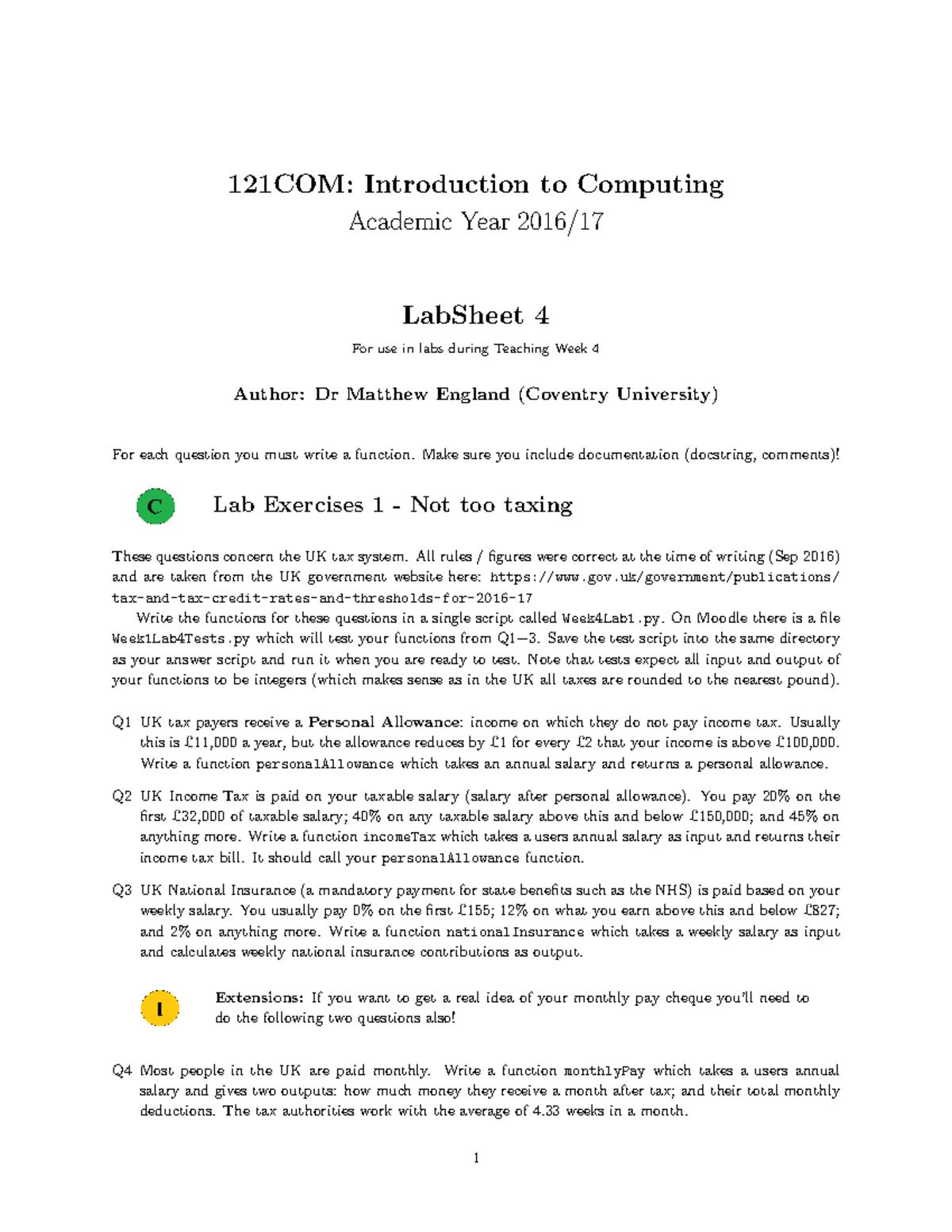 Lab Sheet 4 - 121COM: Introduction to Computing Academic Year 2016 ...