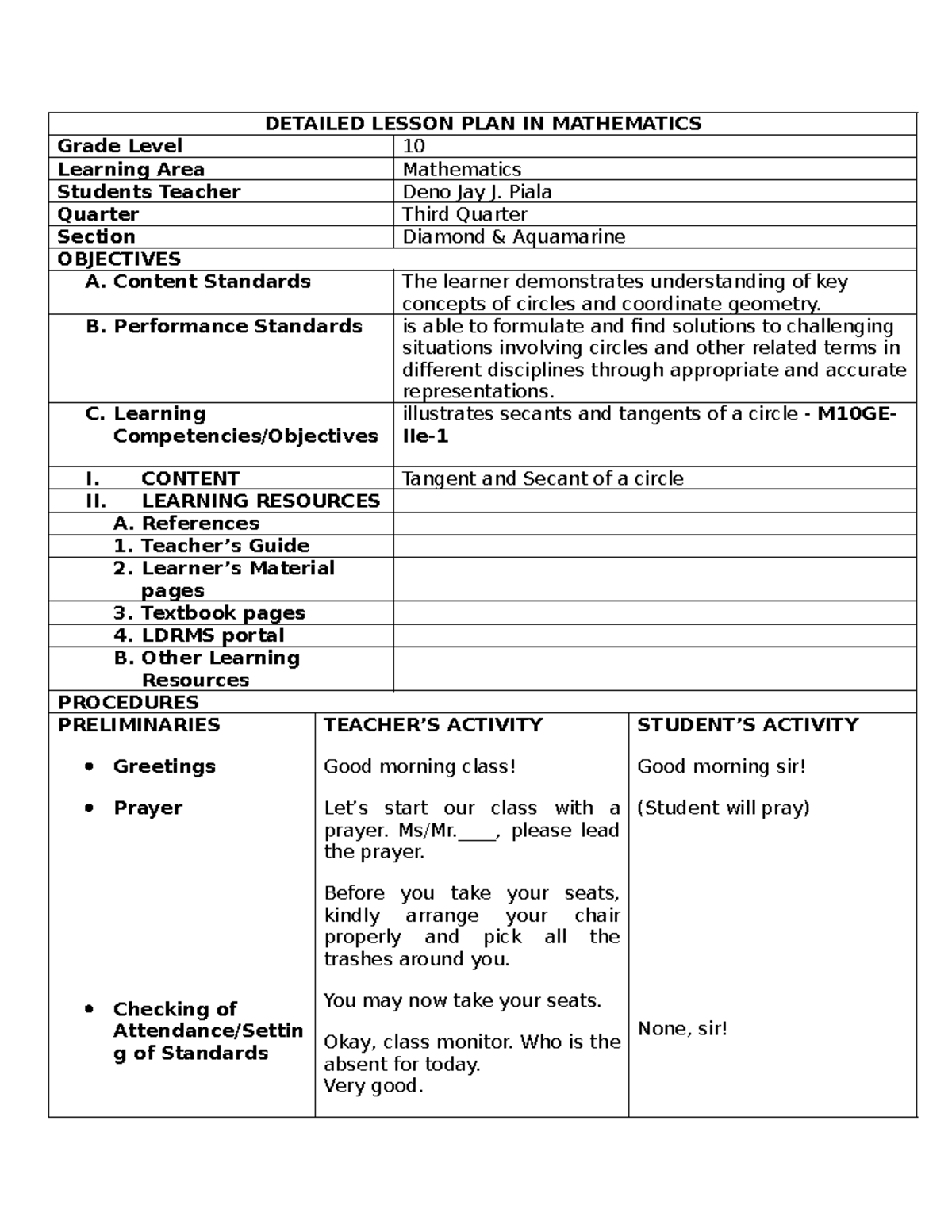 Tangent&Secant of a circle - DETAILED LESSON PLAN IN MATHEMATICS Grade ...
