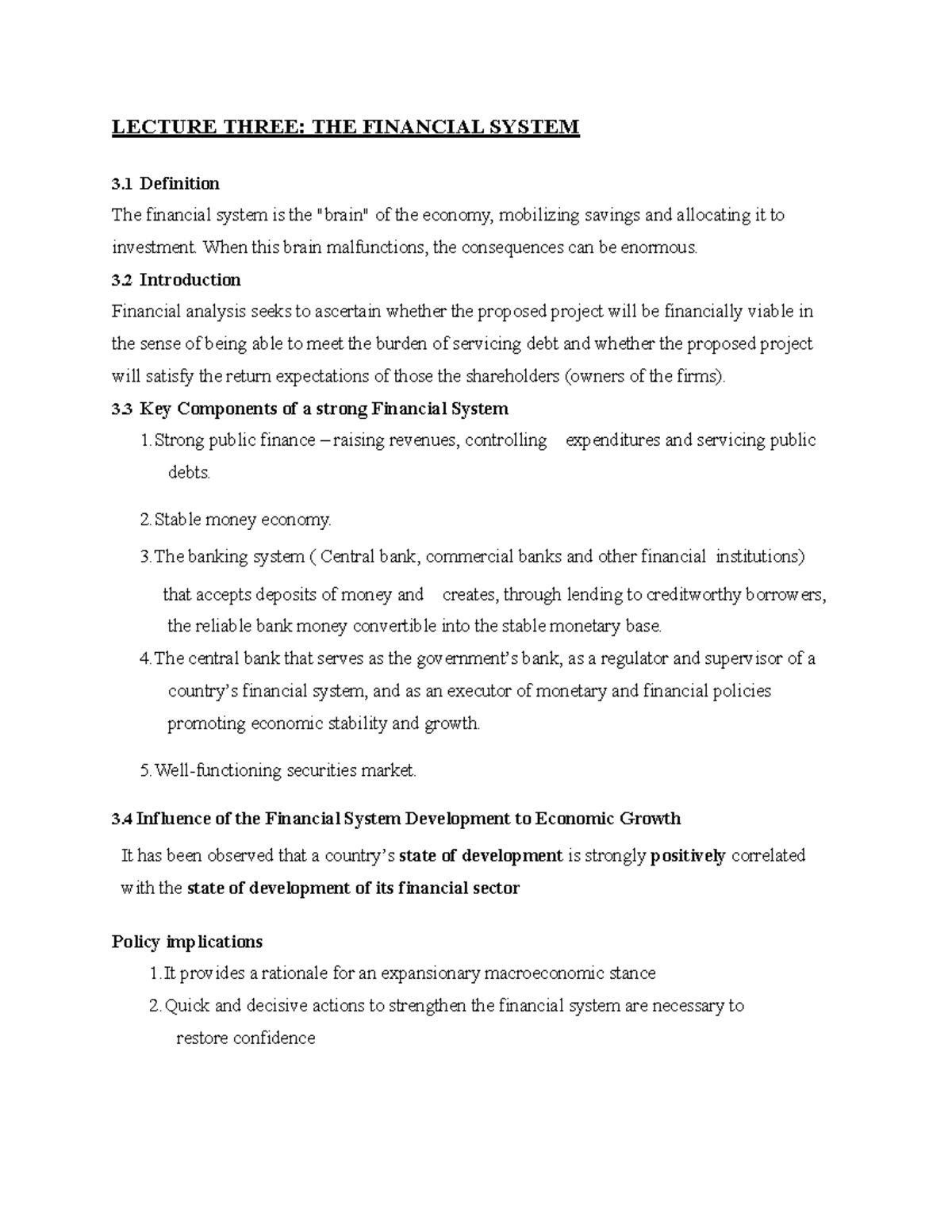 Topic 3 - Lecture notes 1 - LECTURE THREE: THE FINANCIAL SYSTEM 3 The ...