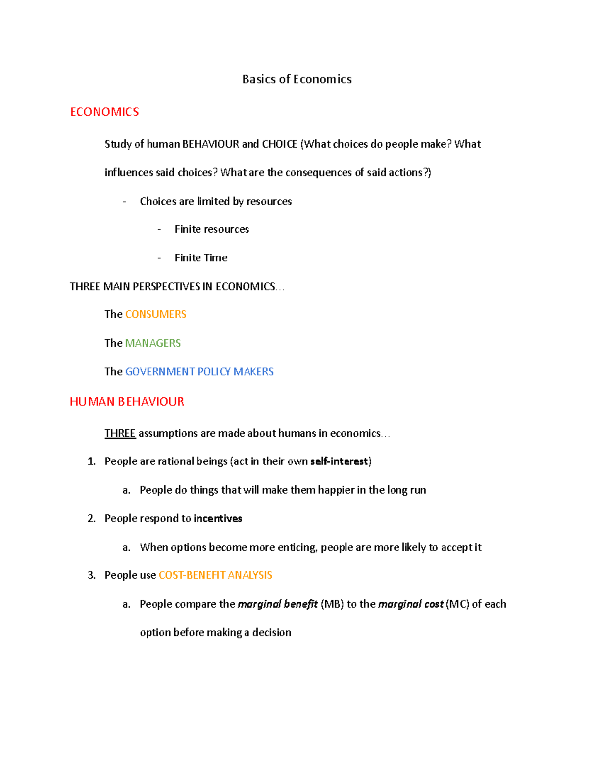 Unit 1 - Basics of Economics - Basics of Economics ECONOMICS Study of ...
