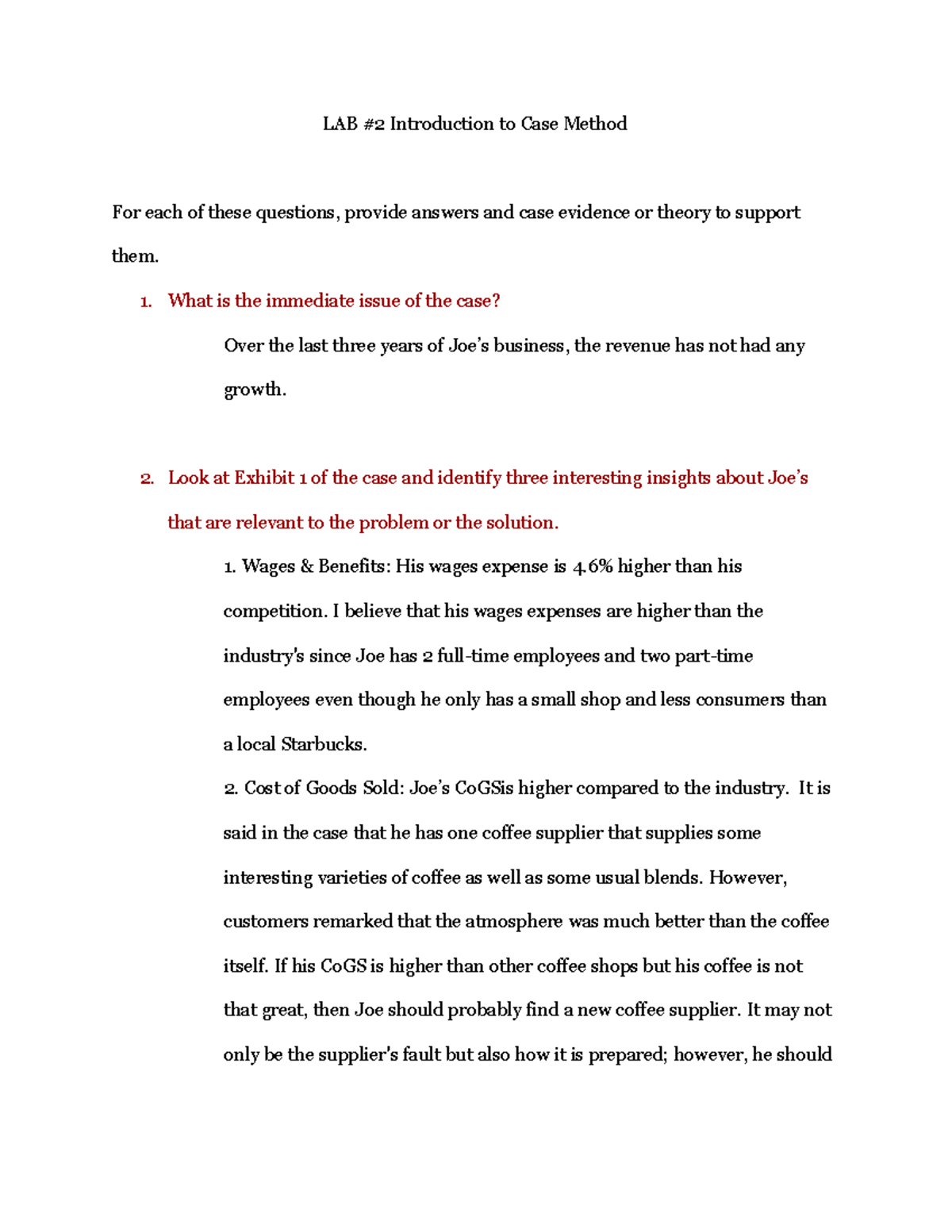 Joes Java - Joes Java Questions and Answers - LAB #2 Introduction to ...