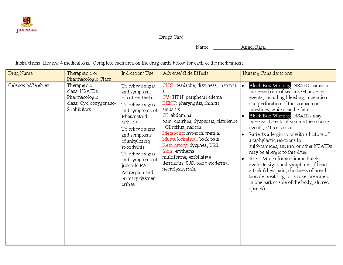 drug cards week 1 - Drugs Card Name Angel Rigal Instructions: Review 4 ...