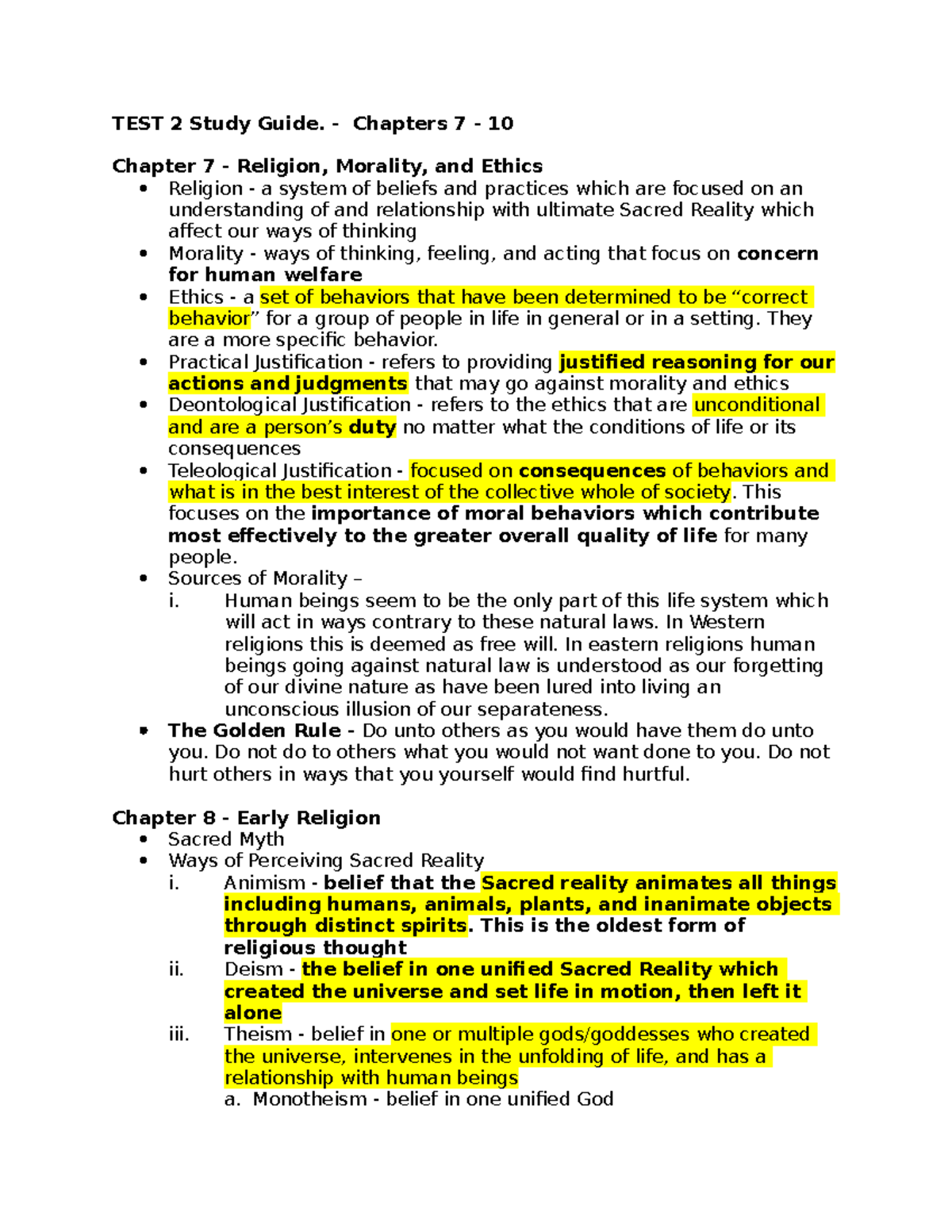 Test 2 Study Guide - TEST 2 Study Guide. - Chapters 7 - 10 Chapter 7 ...