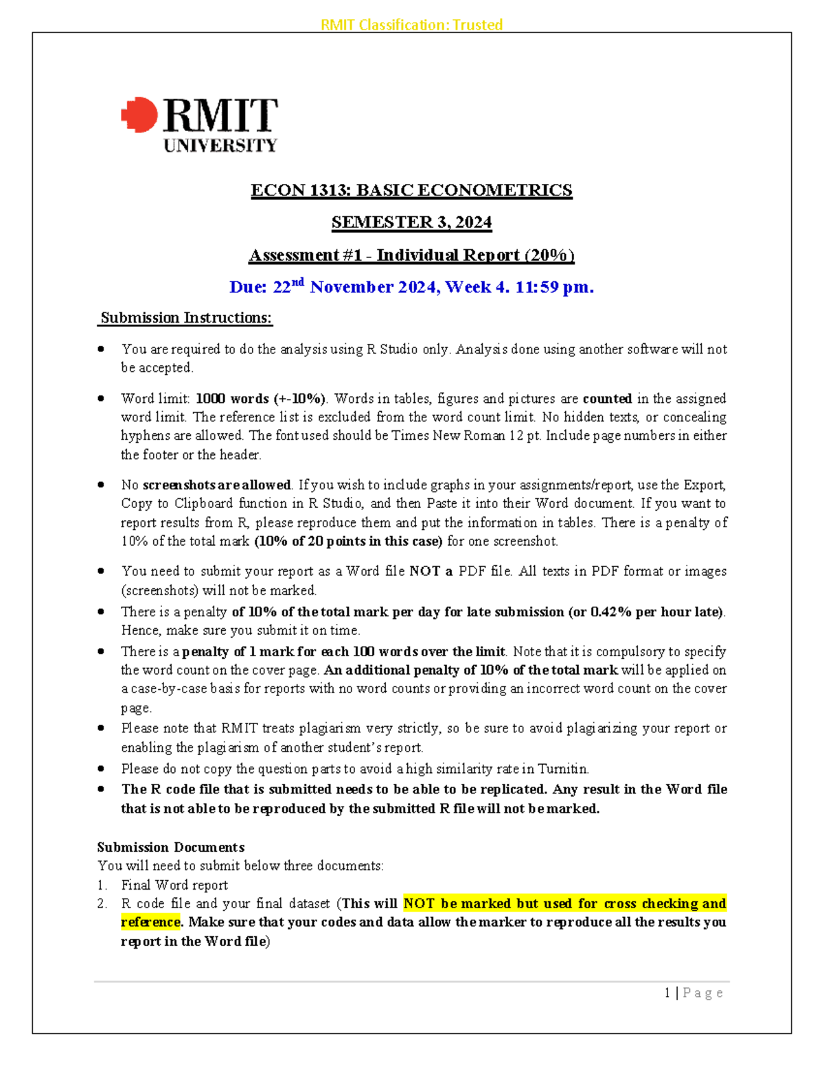 Assessment 1 BE S12024 Final (1) - ECON 1313: BASIC ECONOMETRICS SEMESTER 3, 2024 Assessment #1 ...