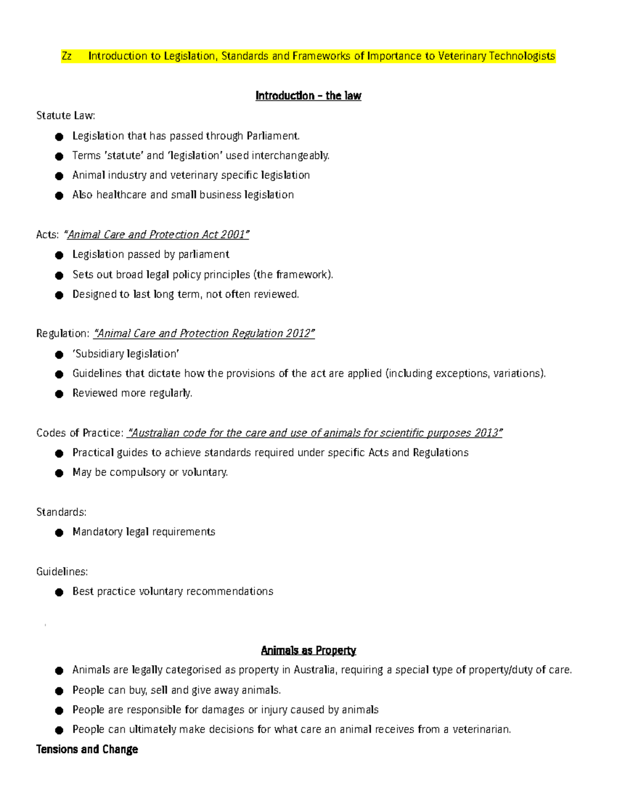 VETS1005 Lecture Notes - Zz Introduction to Legislation, Standards and ...