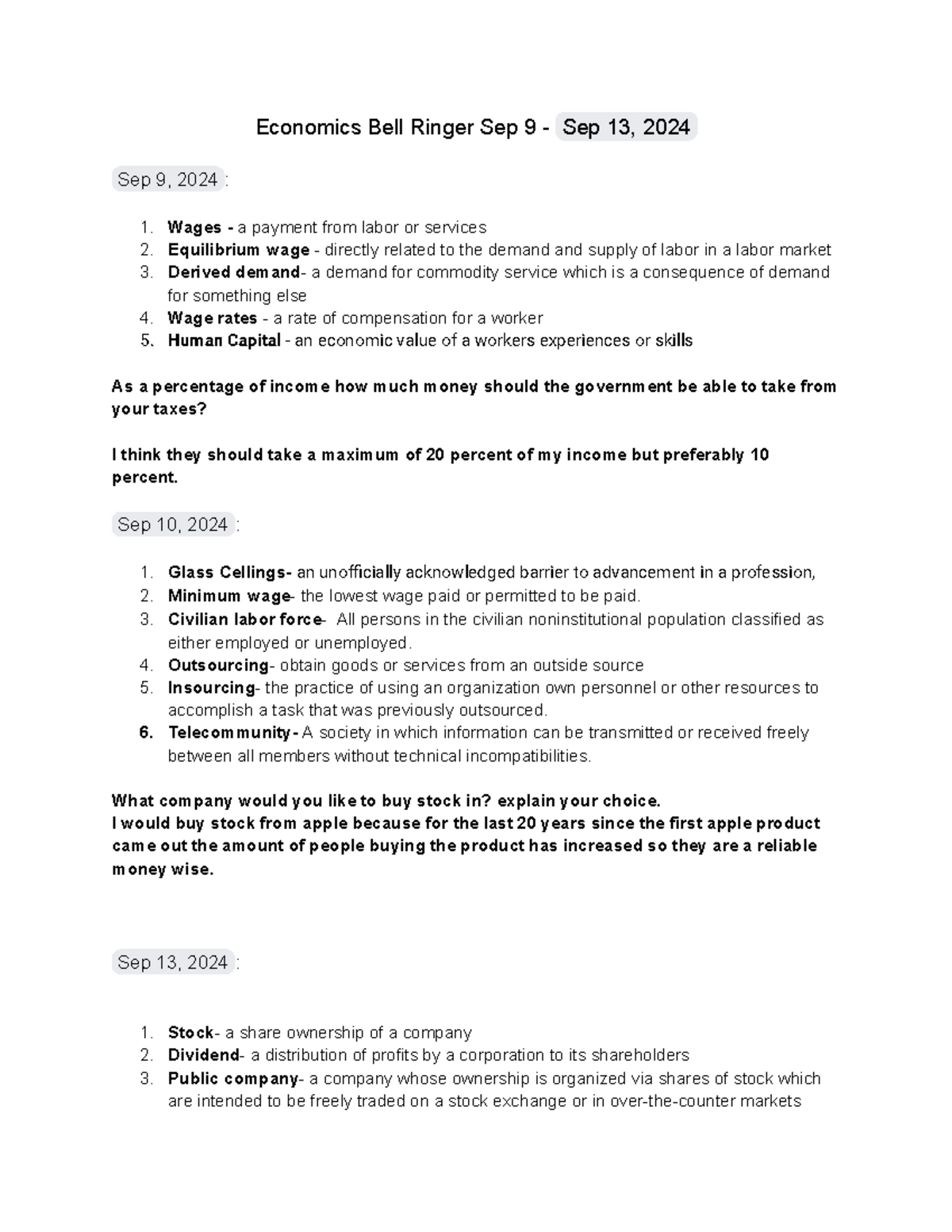 Economics Bell Ringer Sep 9 - Sep 13, 2024 - Economics Bell Ringer Sep ...