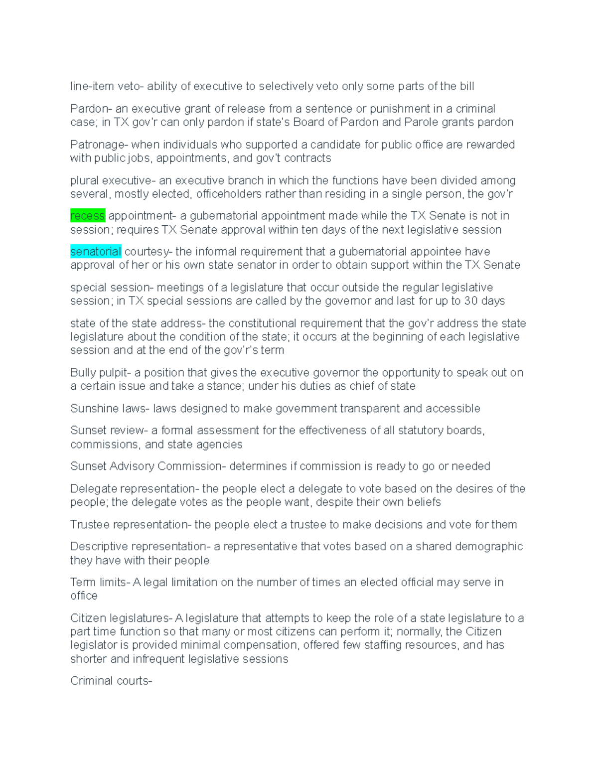 Midterm Review Notes - line-item veto- ability of executive to ...