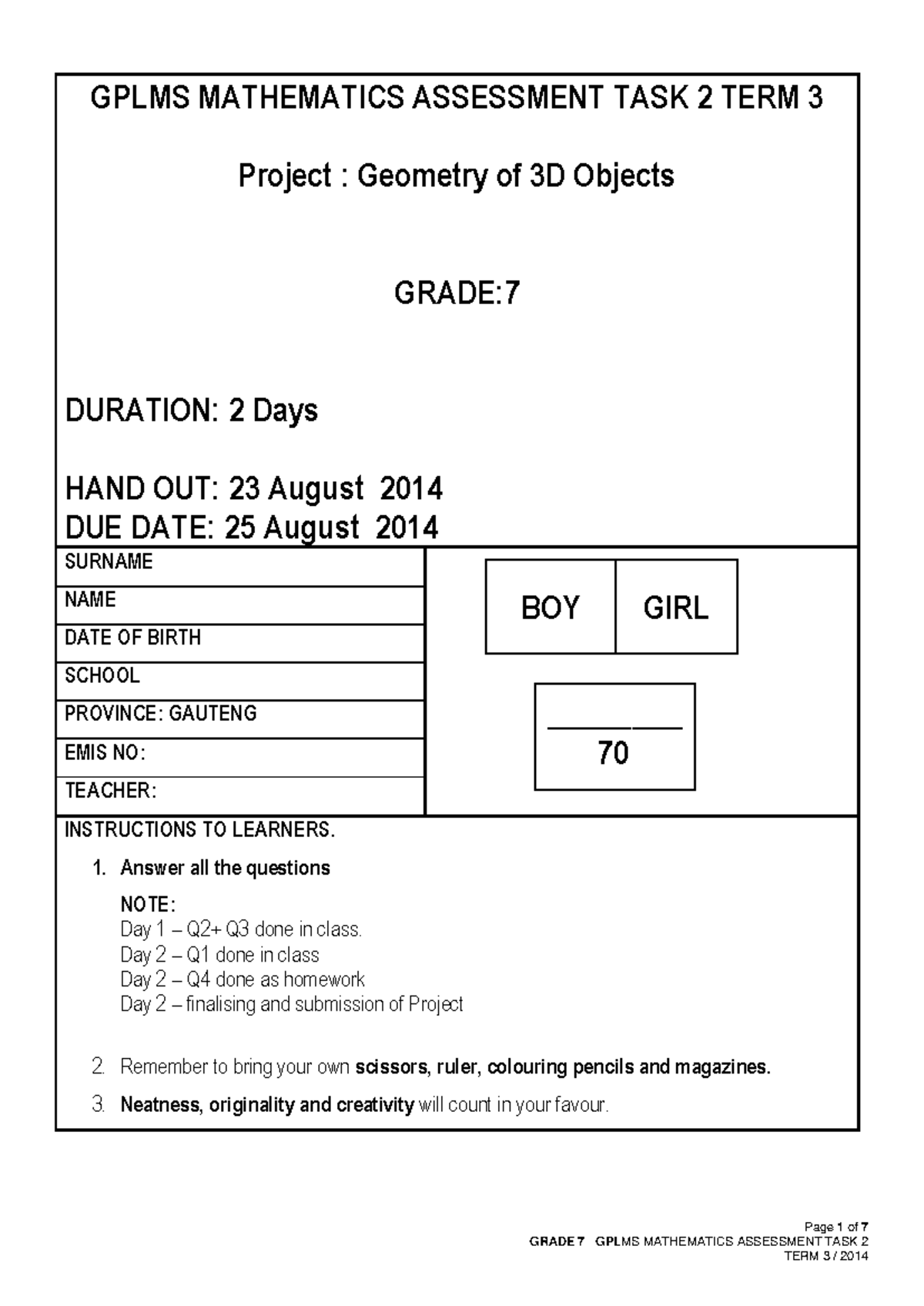 Grade 7 Project TERM 3 - Page 1 of 7 GRADE 7 GPLMS MATHEMATICS ...