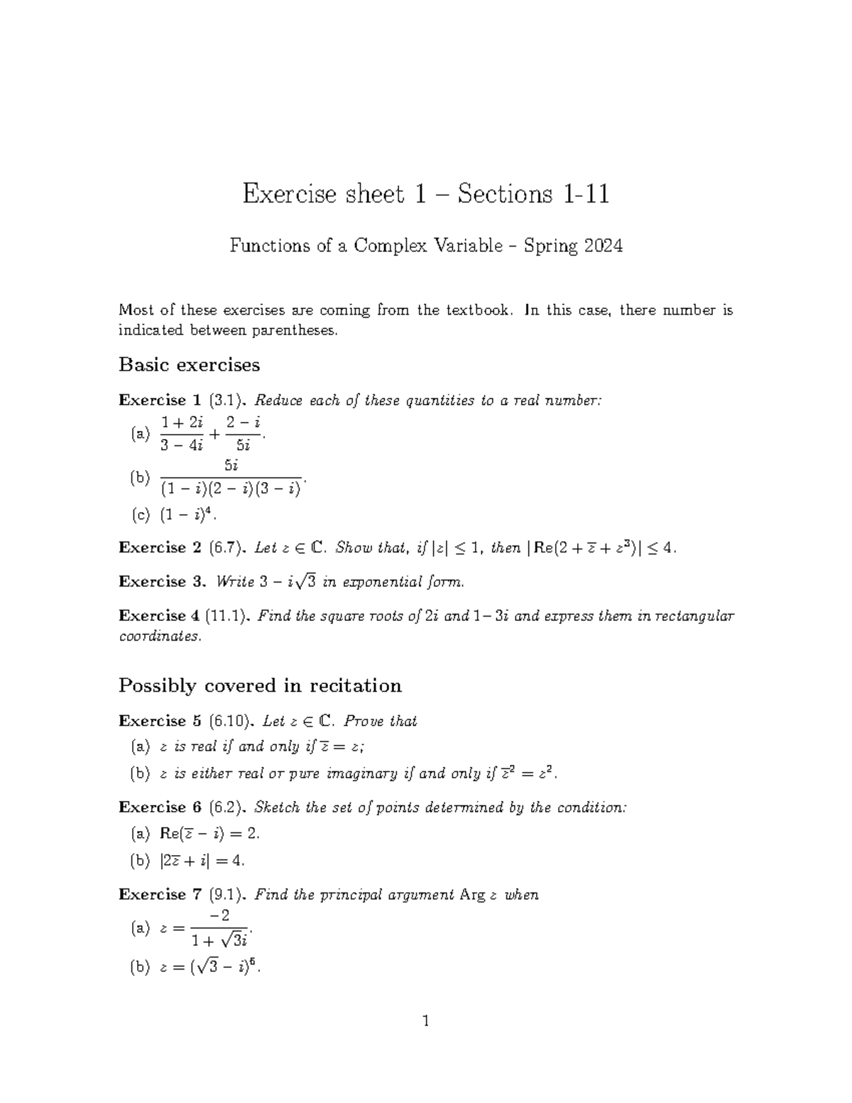 Exercises 1 Sections 1-11 - Exercise sheet 1 – Sections 1- Functions of ...